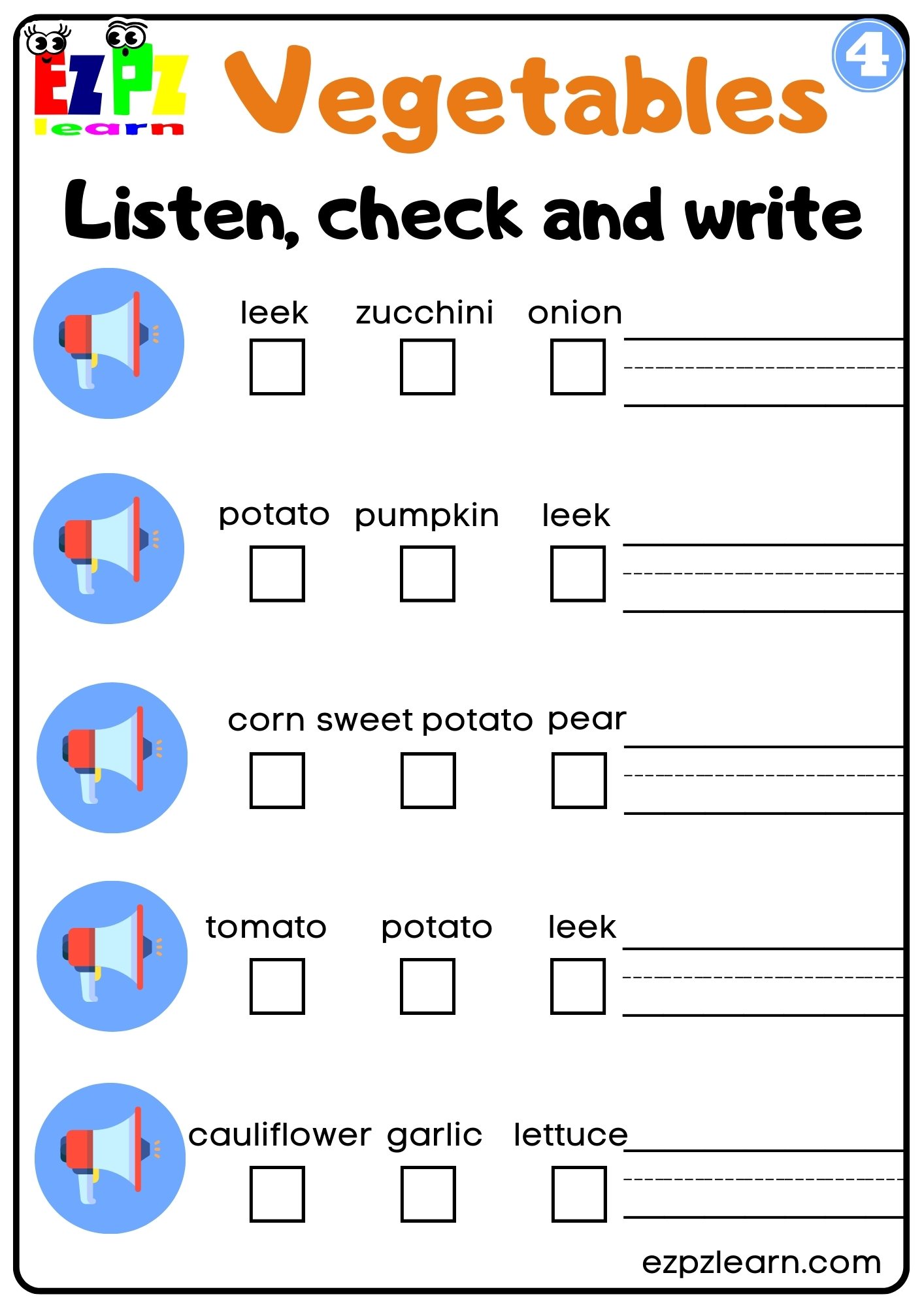 Interactive Worksheet for Vegetables Listen, Check and Write Activity ...