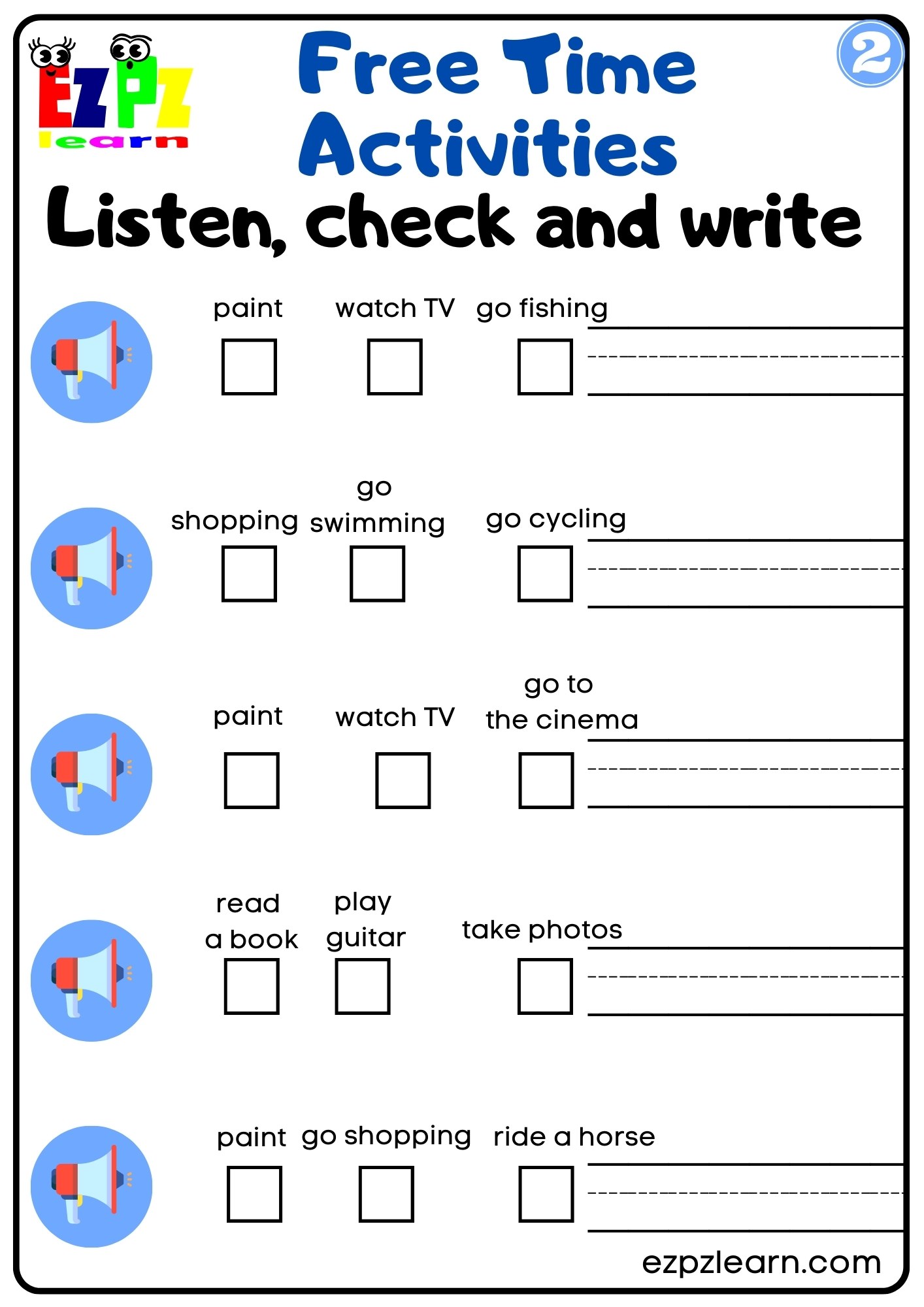 Free Time Activities Interactive Worksheet Listen, Check and Write the ...