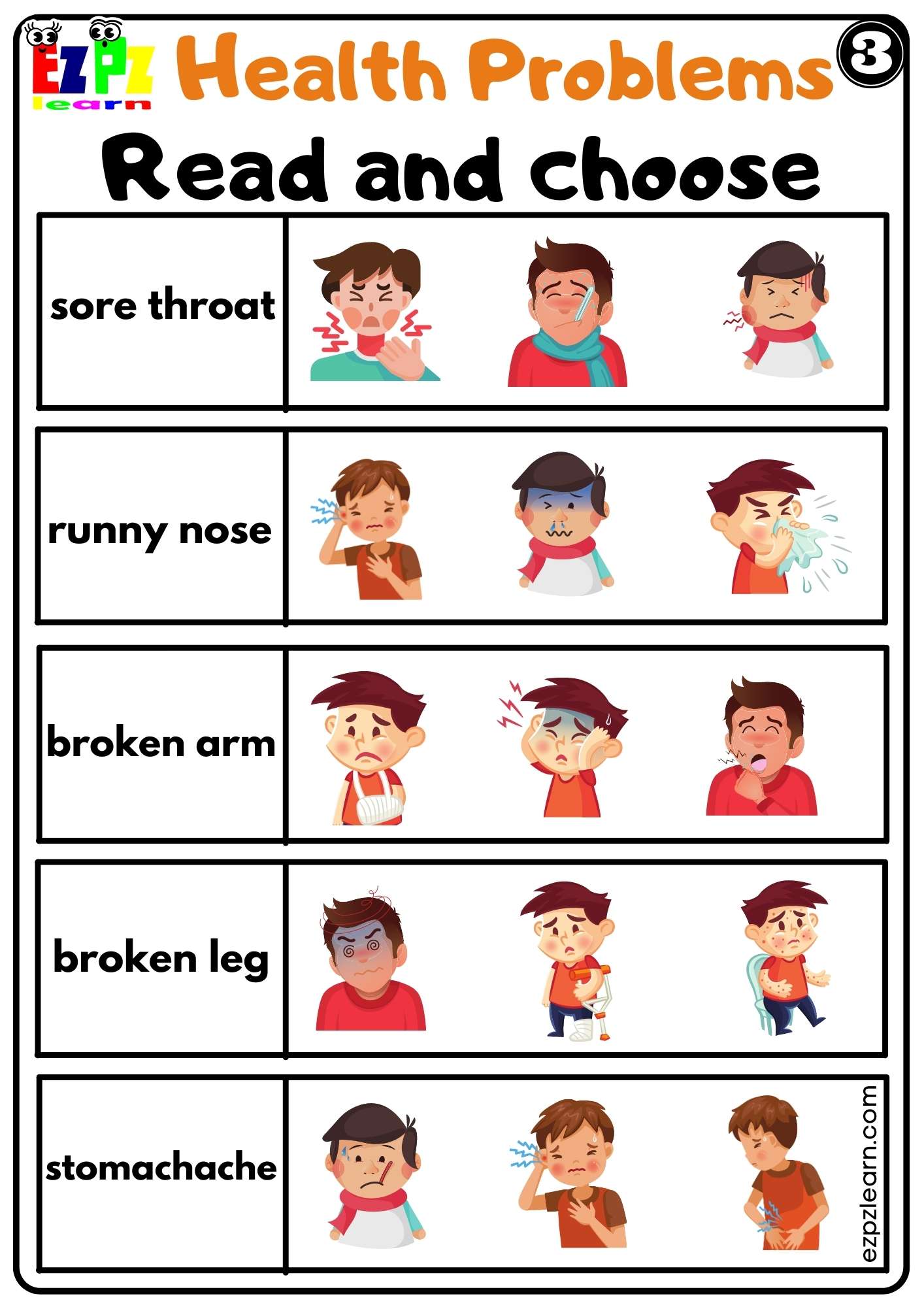 Health Problems Read and Choose Worksheet for Kindergarten K5 and ESL ...
