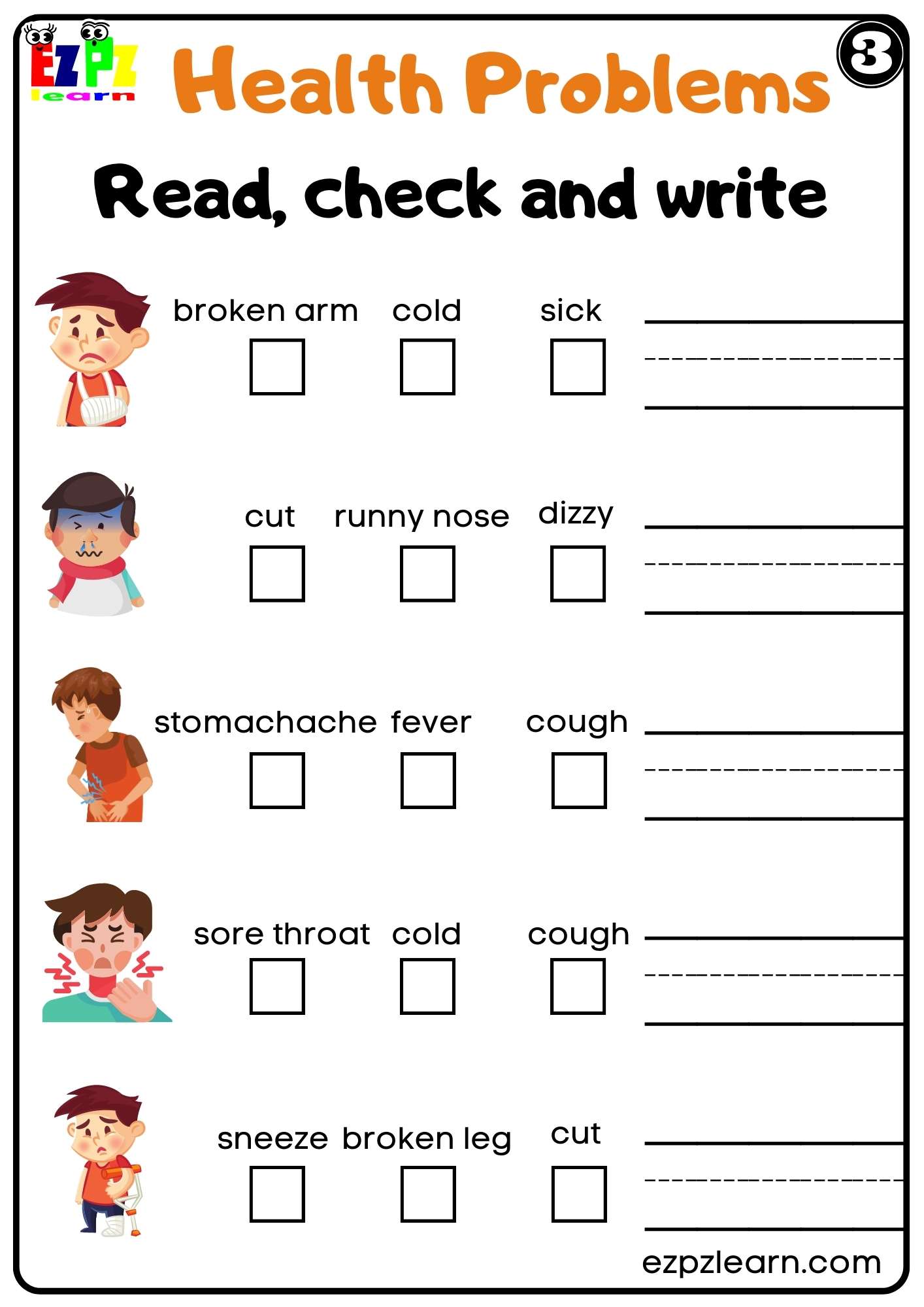Health Problems Read Check and Write Worksheet for Kindergarten K5 and ...