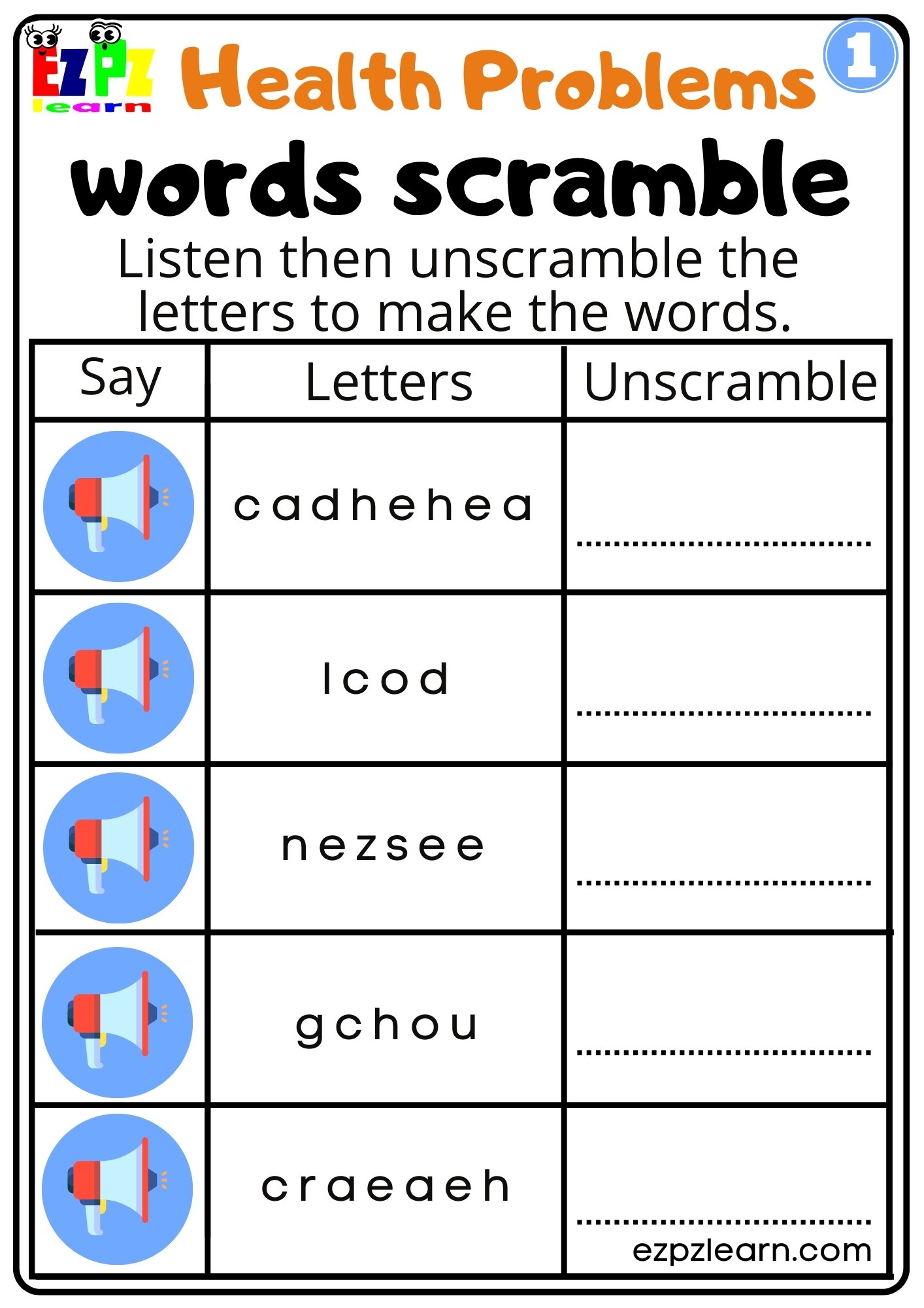 Interactive Health Problems Worksheet Listen, Unscramble and Write the ...