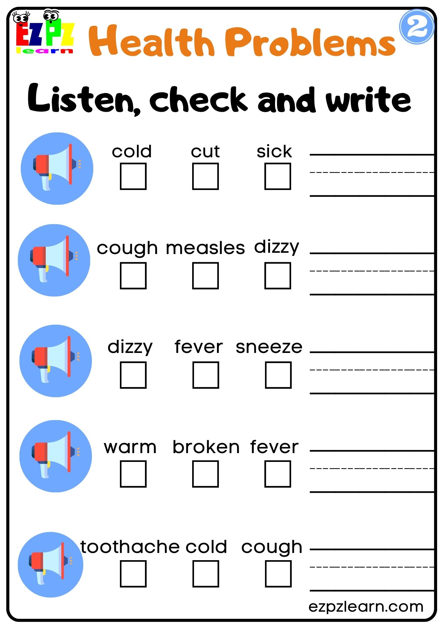 Interactive Health Problems Worksheet Listen, Check and Write the Words ...
