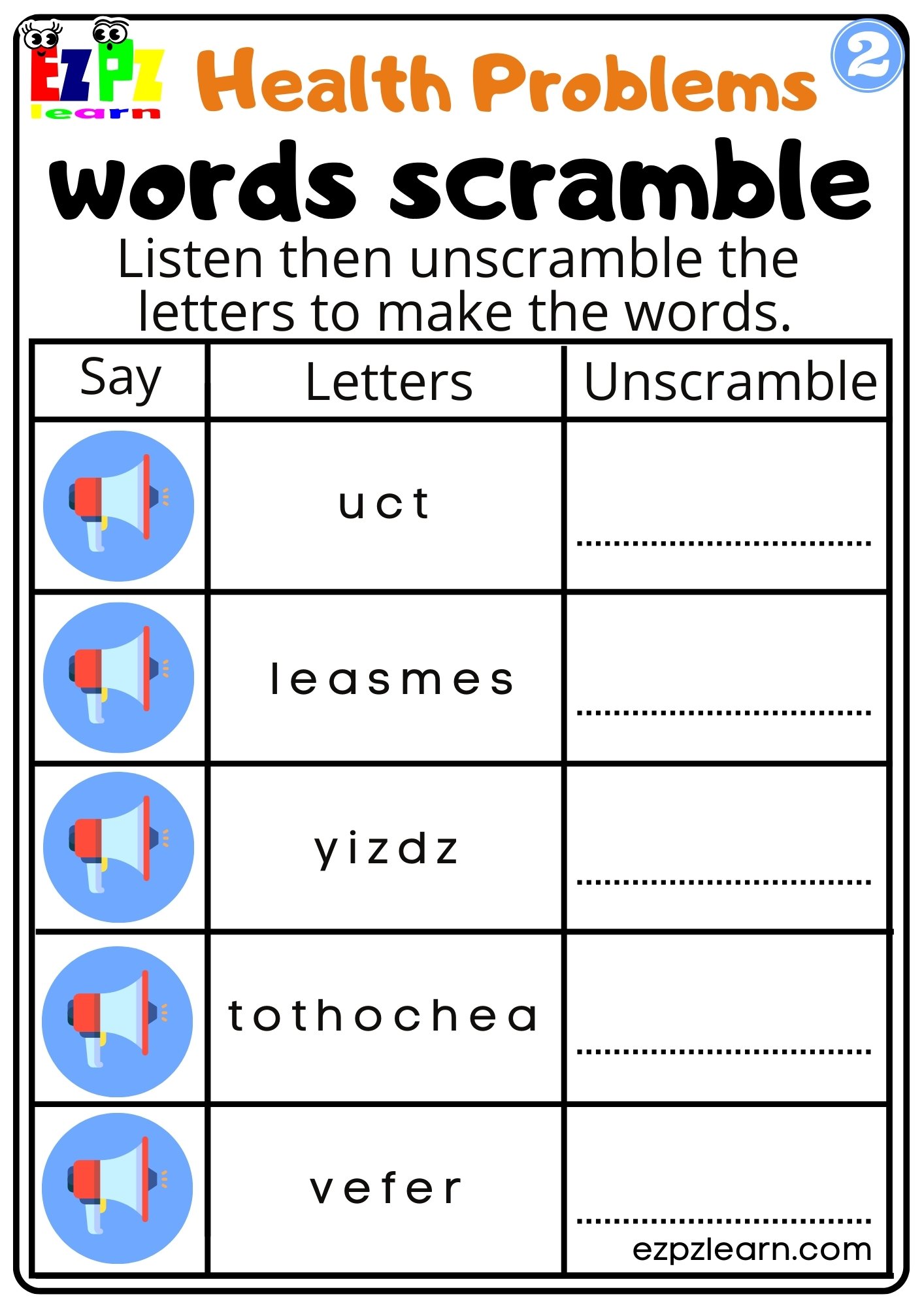 Interactive Health Problems Worksheet Listen, Unscramble and Write the ...