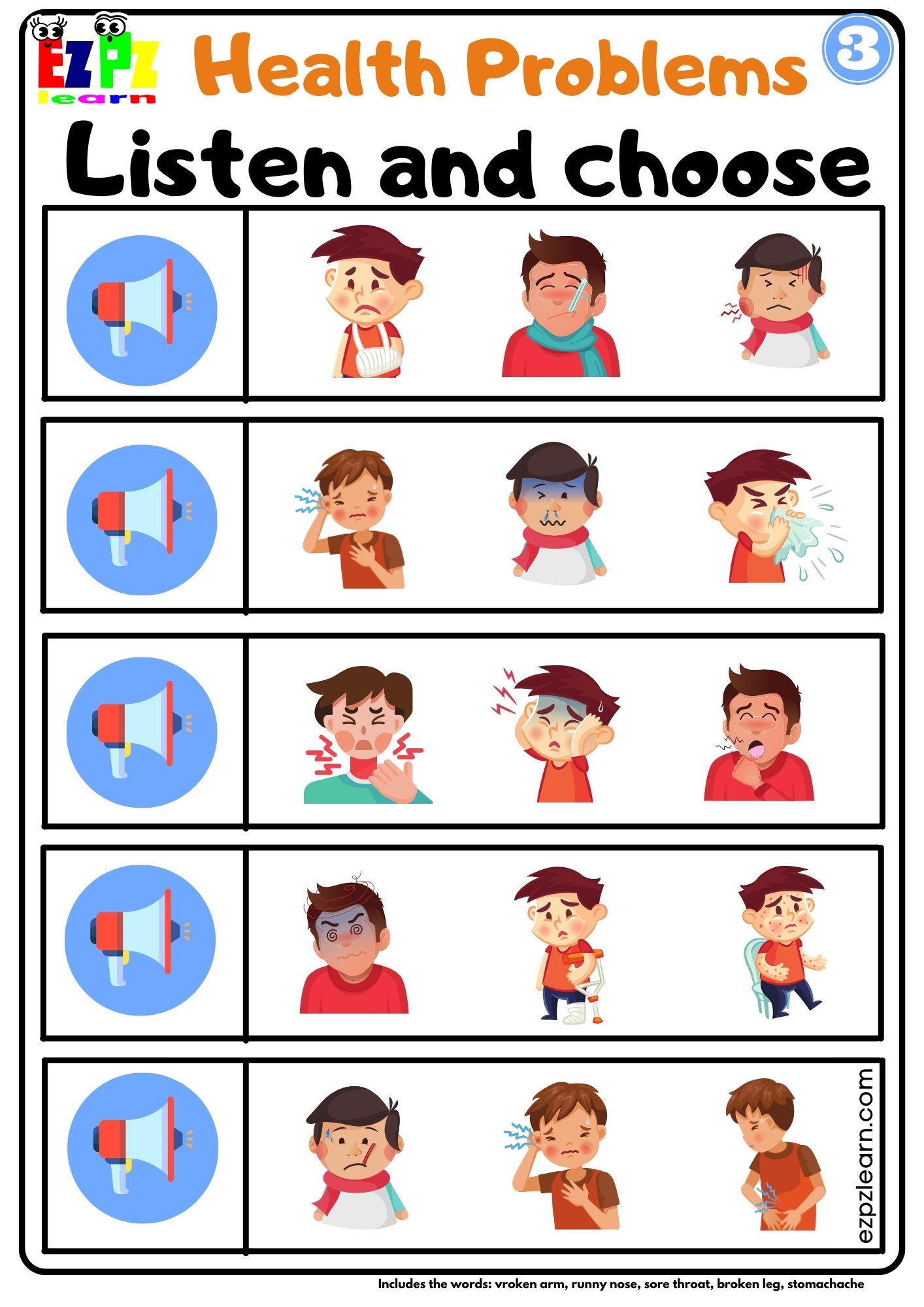 Interactive Health Problems Worksheet Listen and Choose the Correct ...