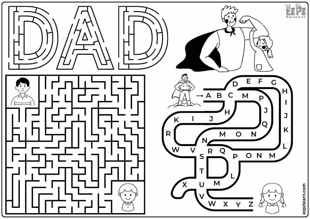 Father's Day Mazes. D-A-D letter maze. Alphabet maze Help the father ...