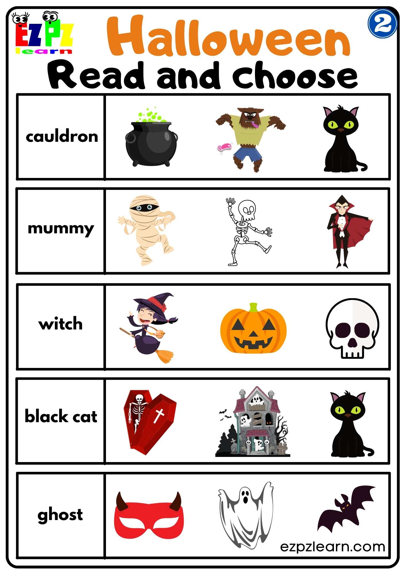 Group 2 Halloween Vocabulary Read and Choose Worksheet for Kids PDF ...