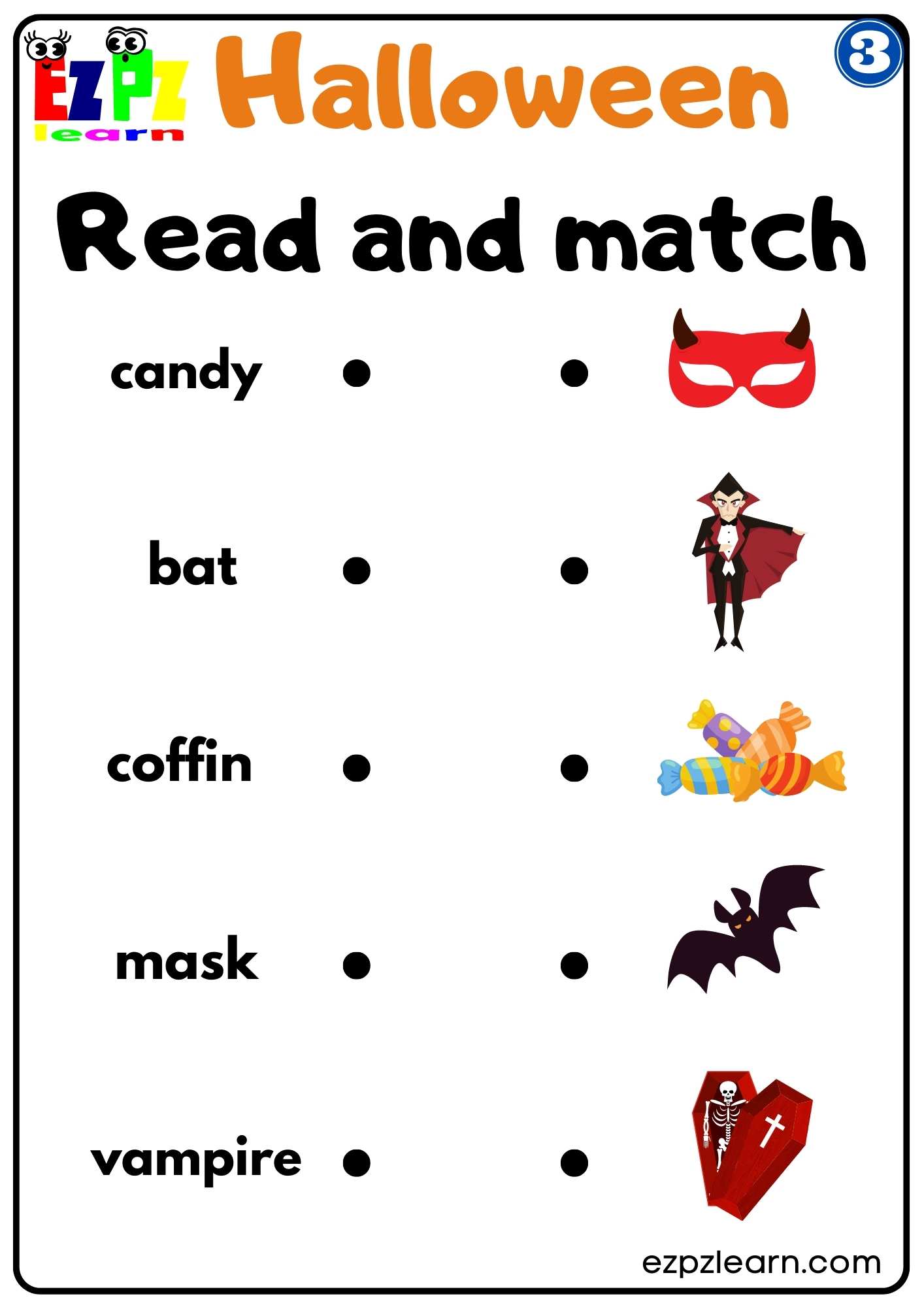 Group 3 Halloween Vocabulary Read and Match Worksheet for Kids PDF ...