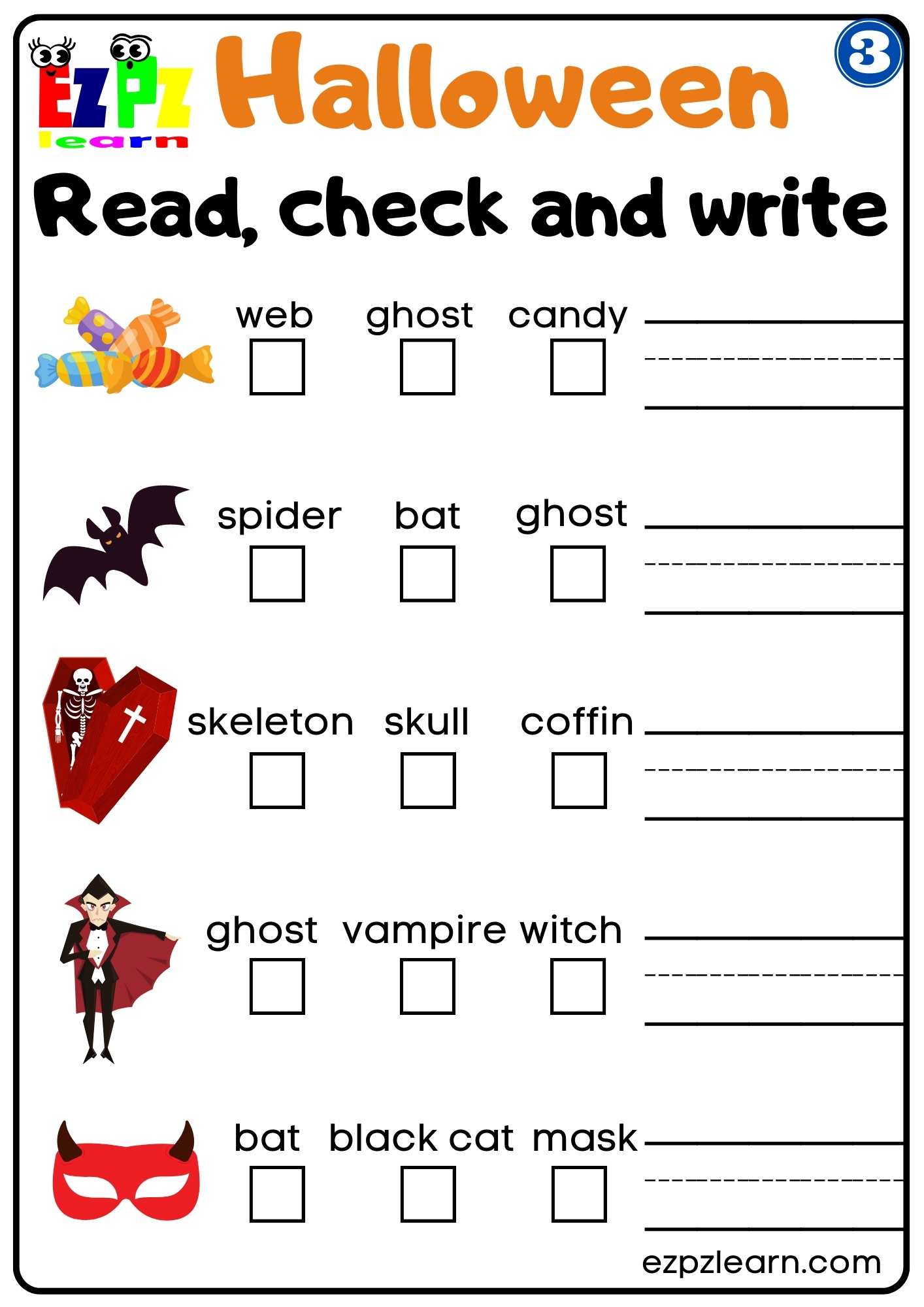 Group 3 Halloween Vocabulary Read Check and Write Worksheet for Kids ...