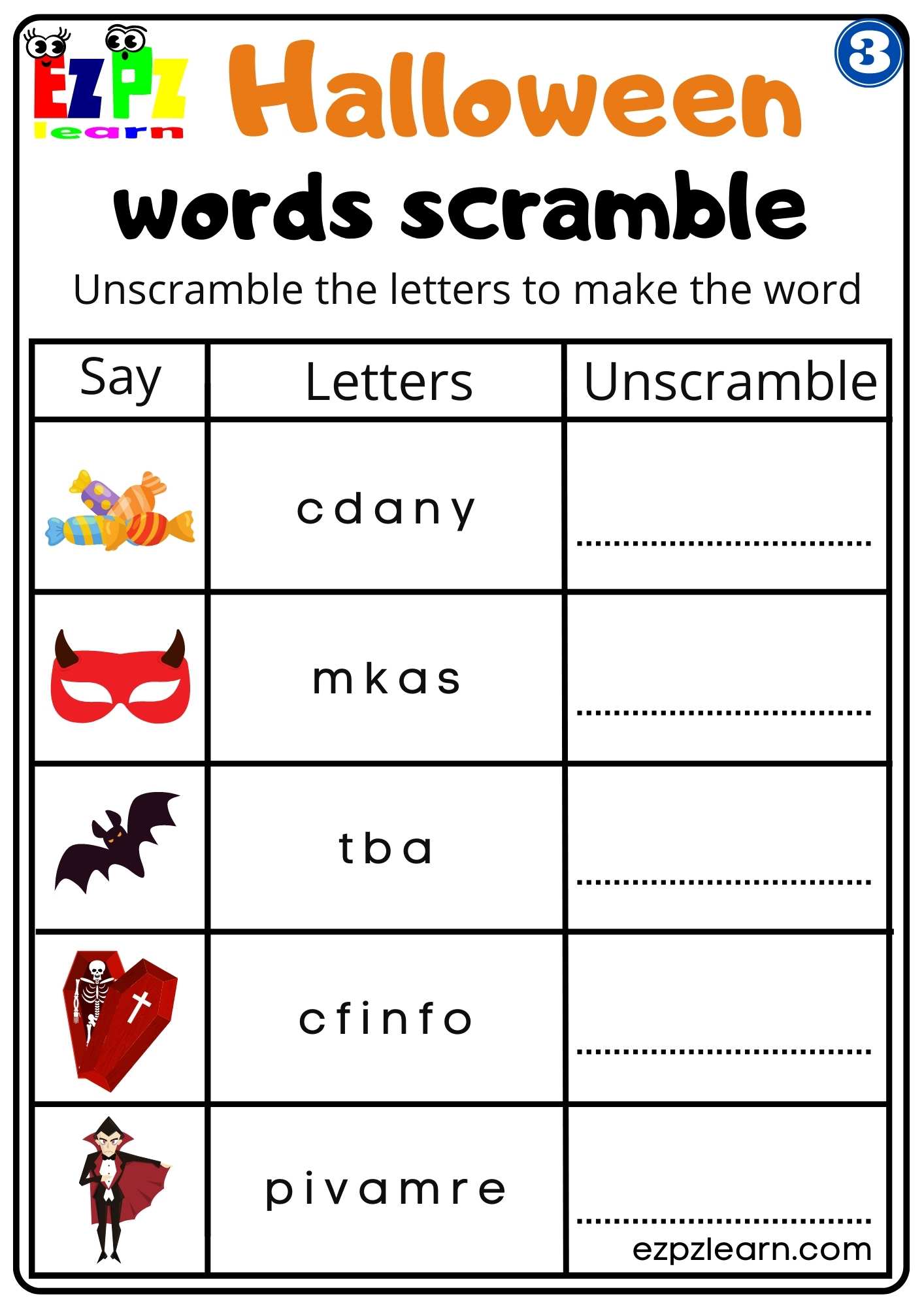 Group 3 Halloween Vocabulary Word Scramble Worksheet for Kids PDF ...
