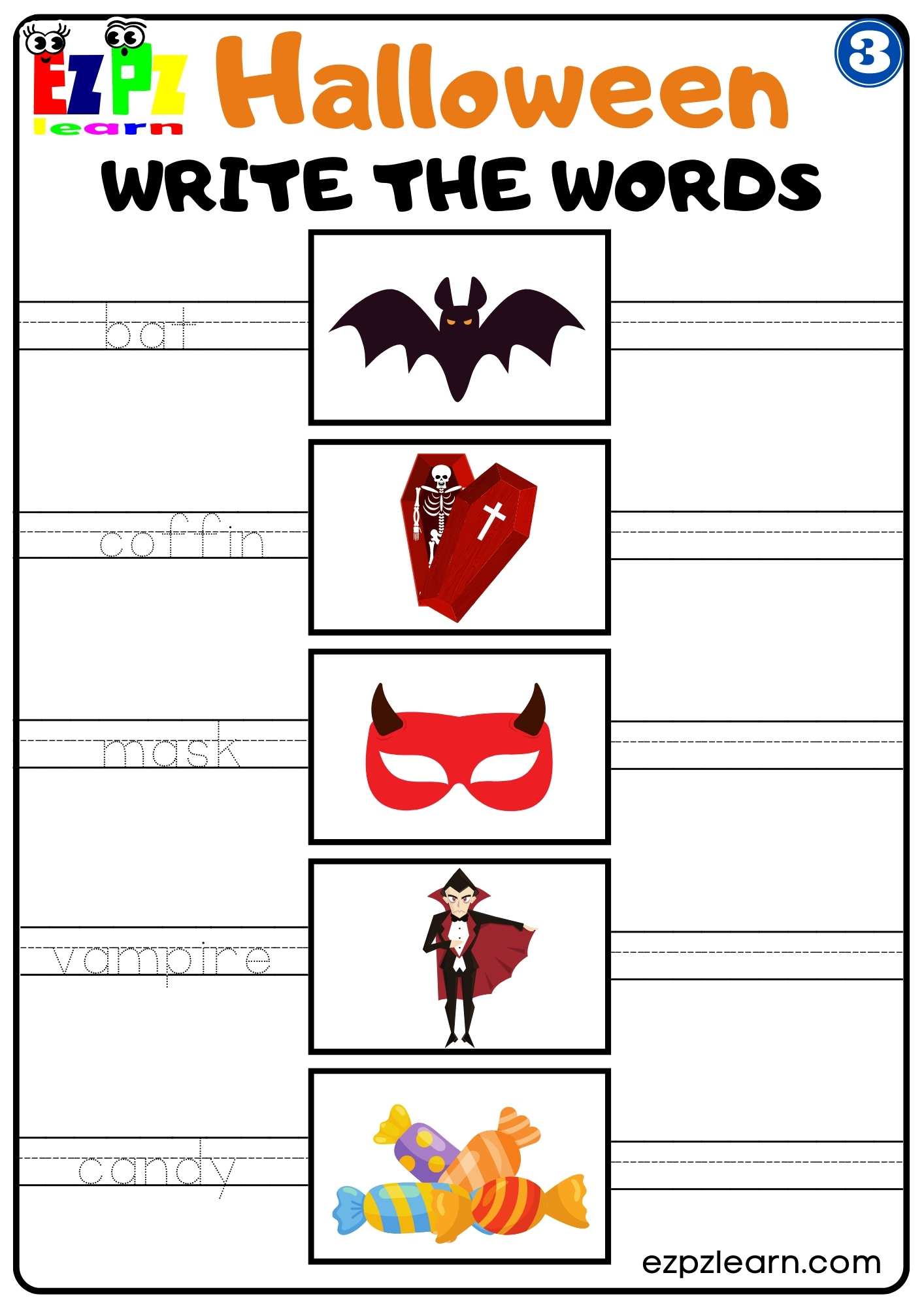 Group 3 Halloween Vocabulary Write the Words Worksheet for Kids PDF ...