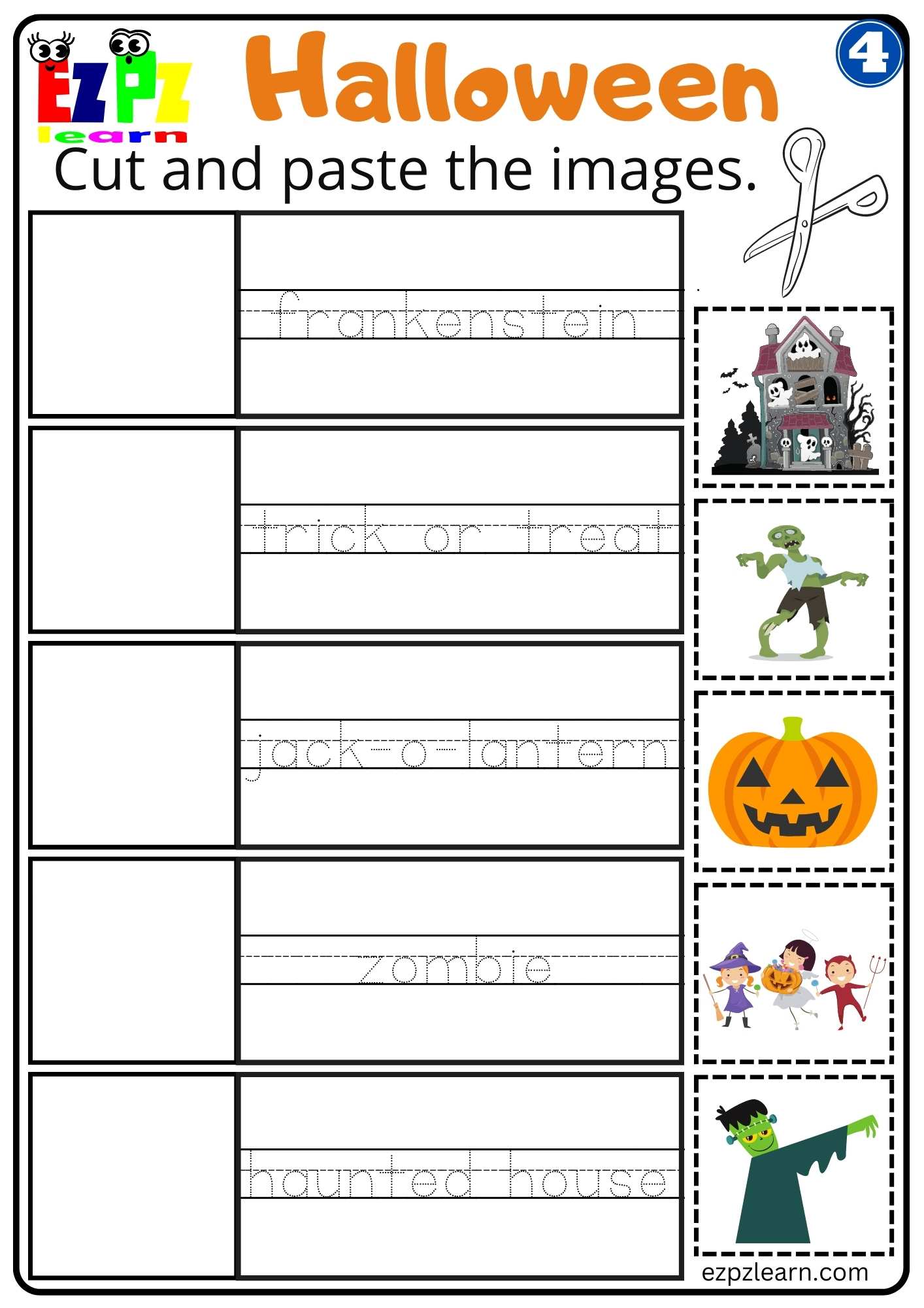 Group 4 Halloween Holiday Vocabulary Cut and Paste Worksheet for Kids ...