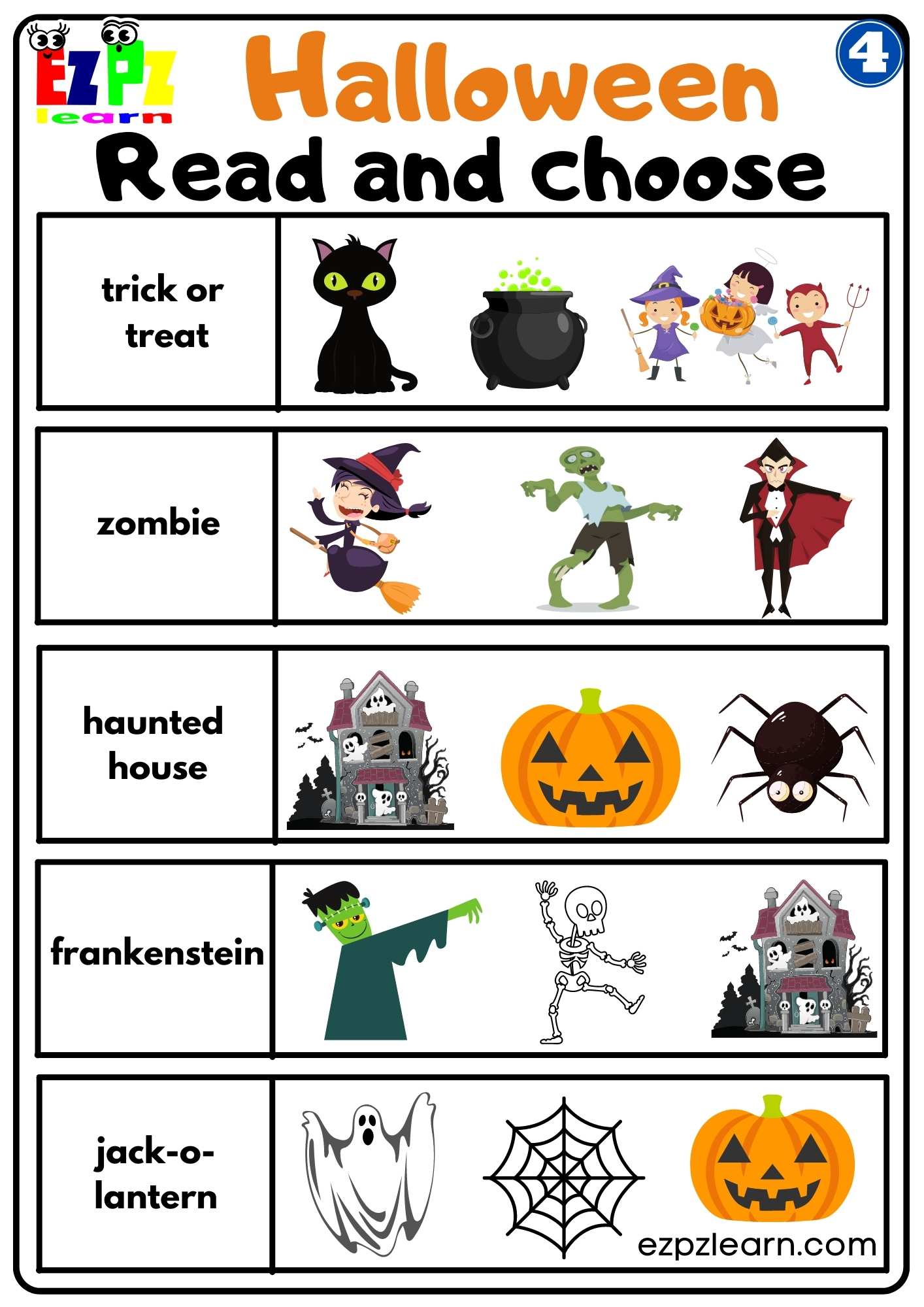 Group 4 Halloween Holiday Vocabulary Read and Choose Worksheet for Kids ...