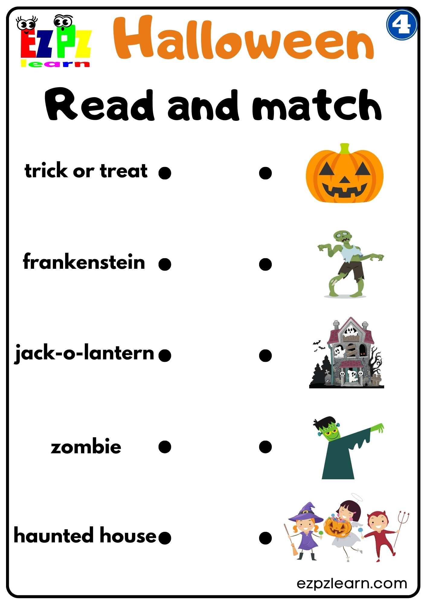 Group 4 Halloween Holiday Vocabulary Read and Match Worksheet for Kids ...
