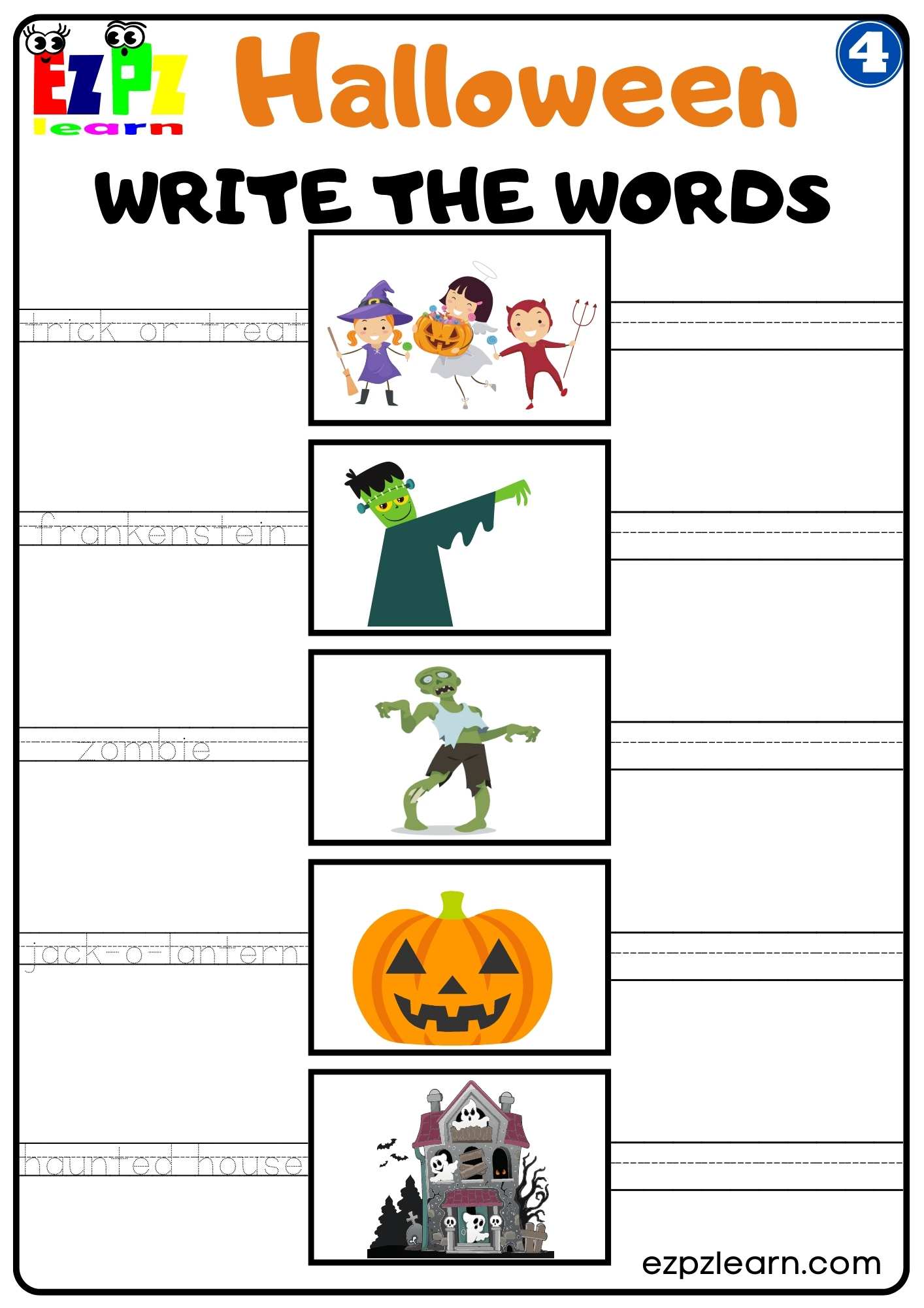 Group 4 Halloween Holiday Vocabulary Write the Words Worksheet for Kids ...