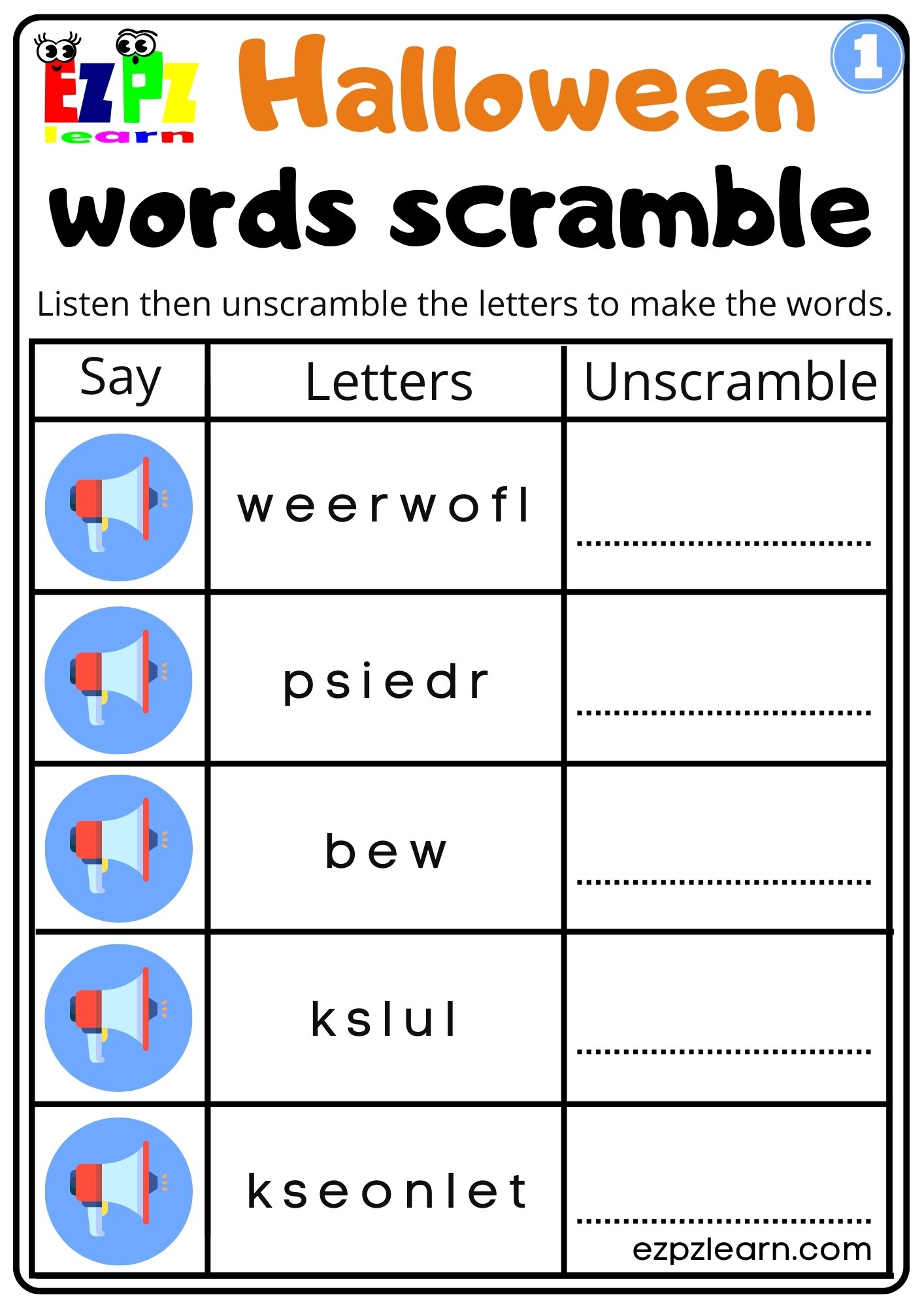 Halloween Holiday Vocabulary Listen, Unscramble and Write the Words ...