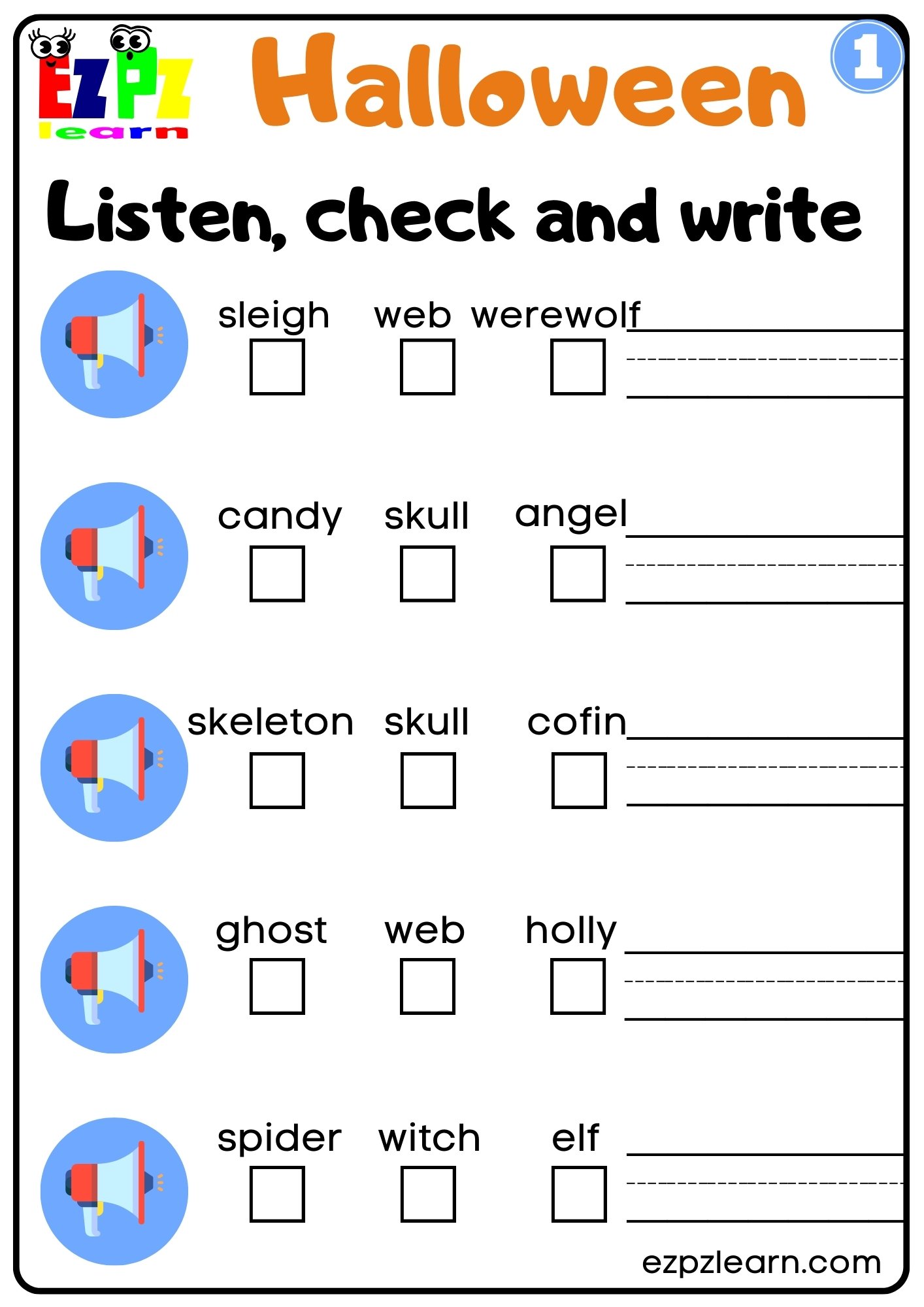 Halloween Holiday Vocabulary Listen, Check and Write Activity For K5 ...