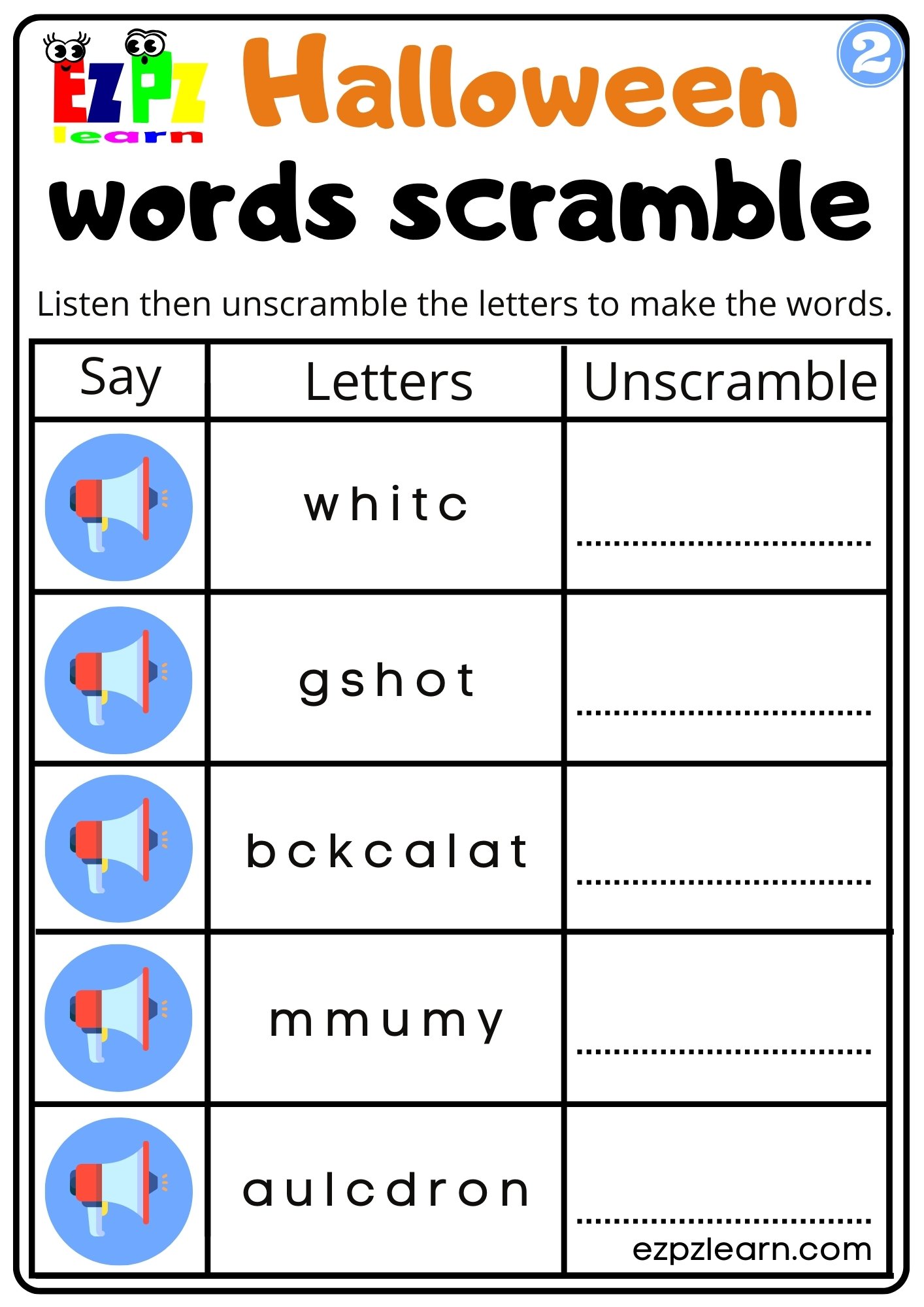 Halloween Holiday Vocabulary Listen, Unscramble and Write the Words ...