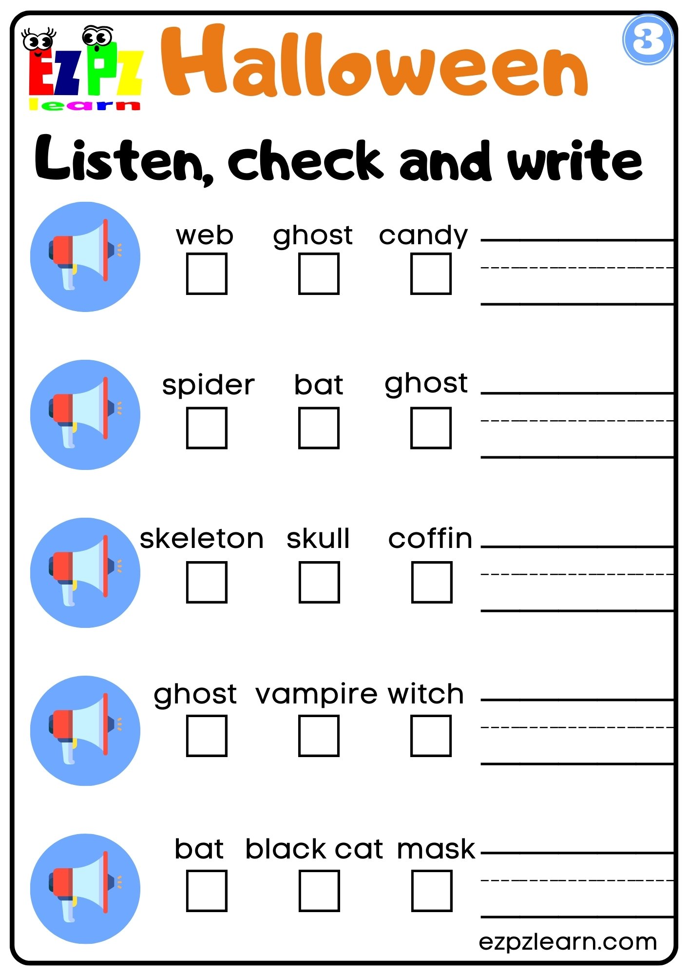 Halloween Holiday Vocabulary Listen, Check and Write the Words Activity ...