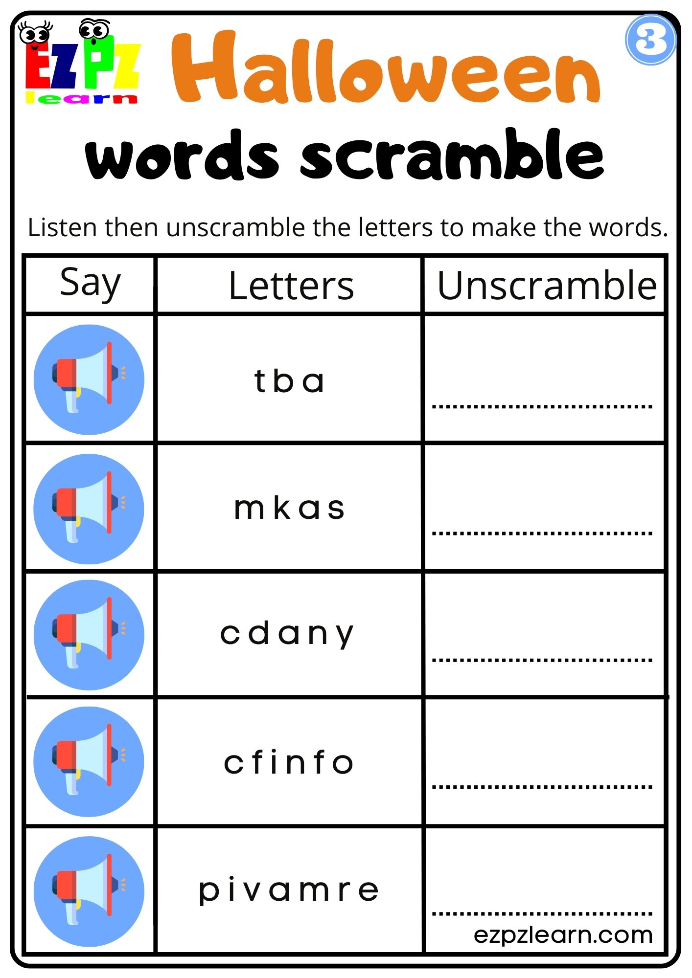Halloween Holiday Vocabulary Listen, Unscramble and Write the Words ...