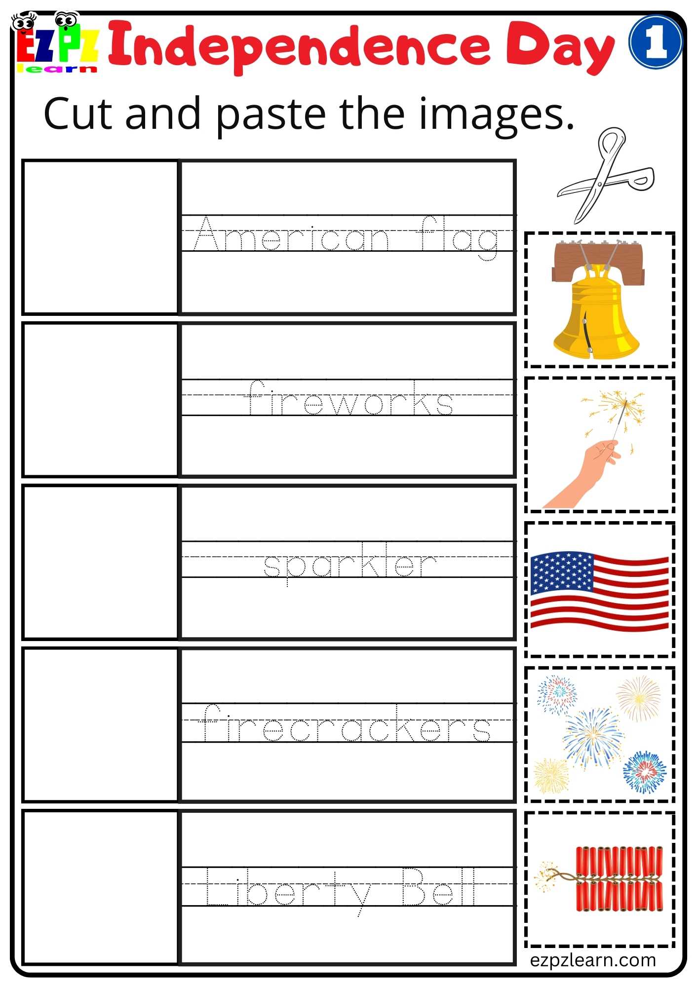 Cut and Paste Worksheet for Independence Day Group 1 - Ezpzlearn.com