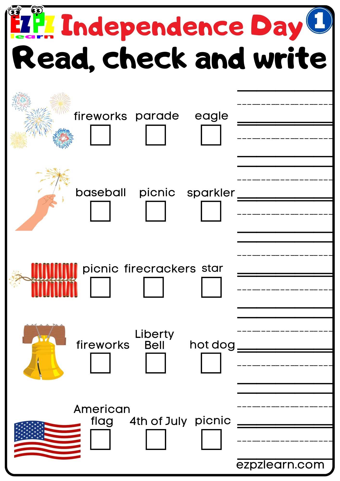 Read Check and Write Worksheet for Independence Day Group 1 - Ezpzlearn.com
