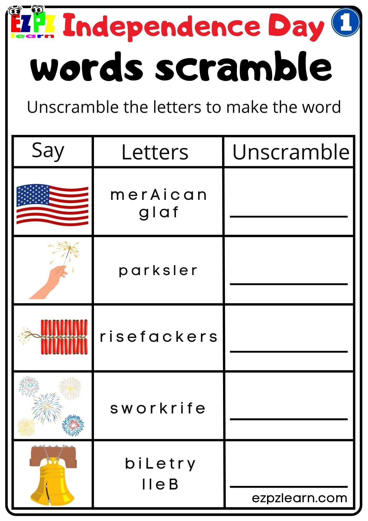 Word Scramble Worksheet for Independence Day Group 1 - Ezpzlearn.com