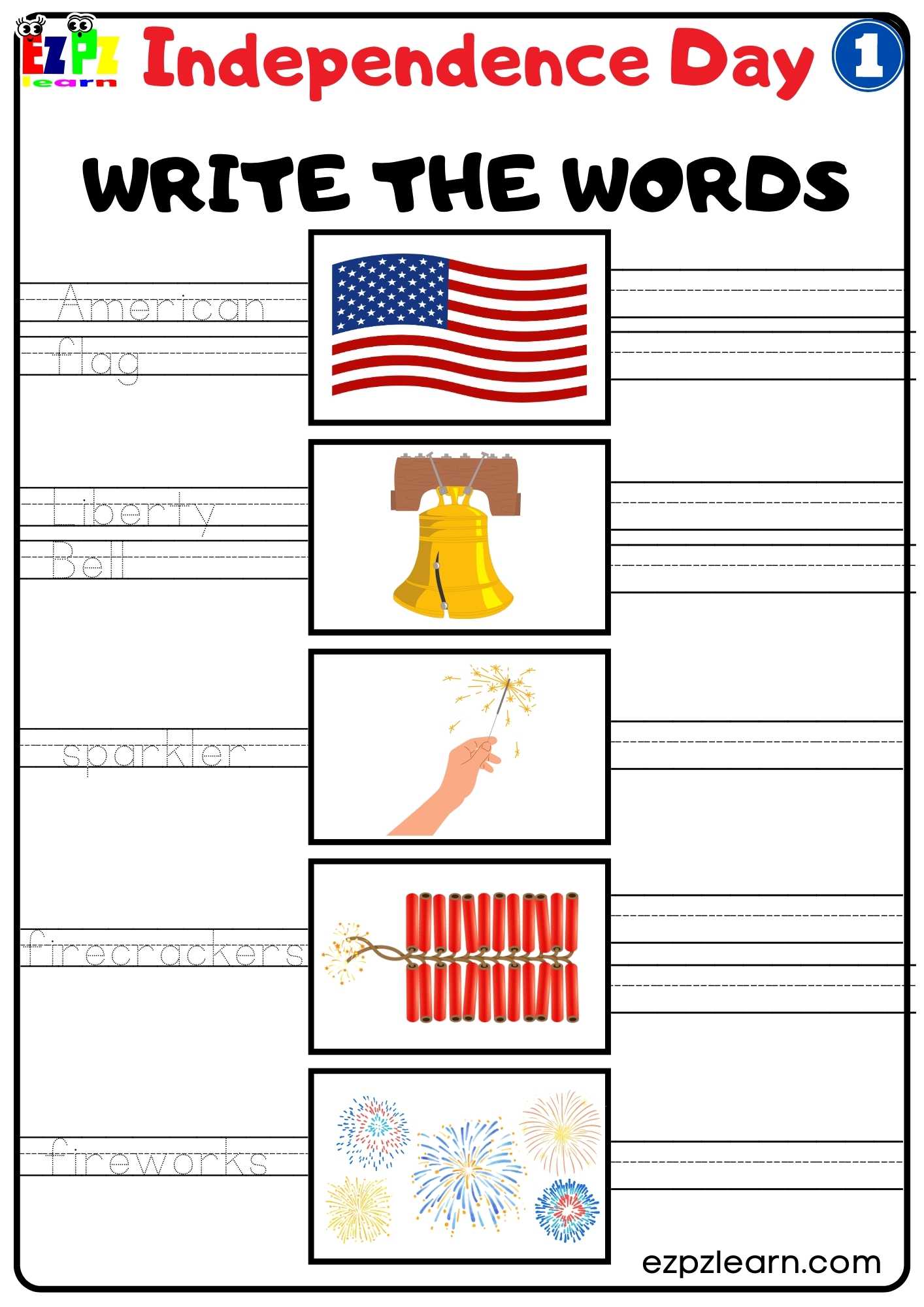 Write the Words Worksheet for Independence Day Group 1 - Ezpzlearn.com