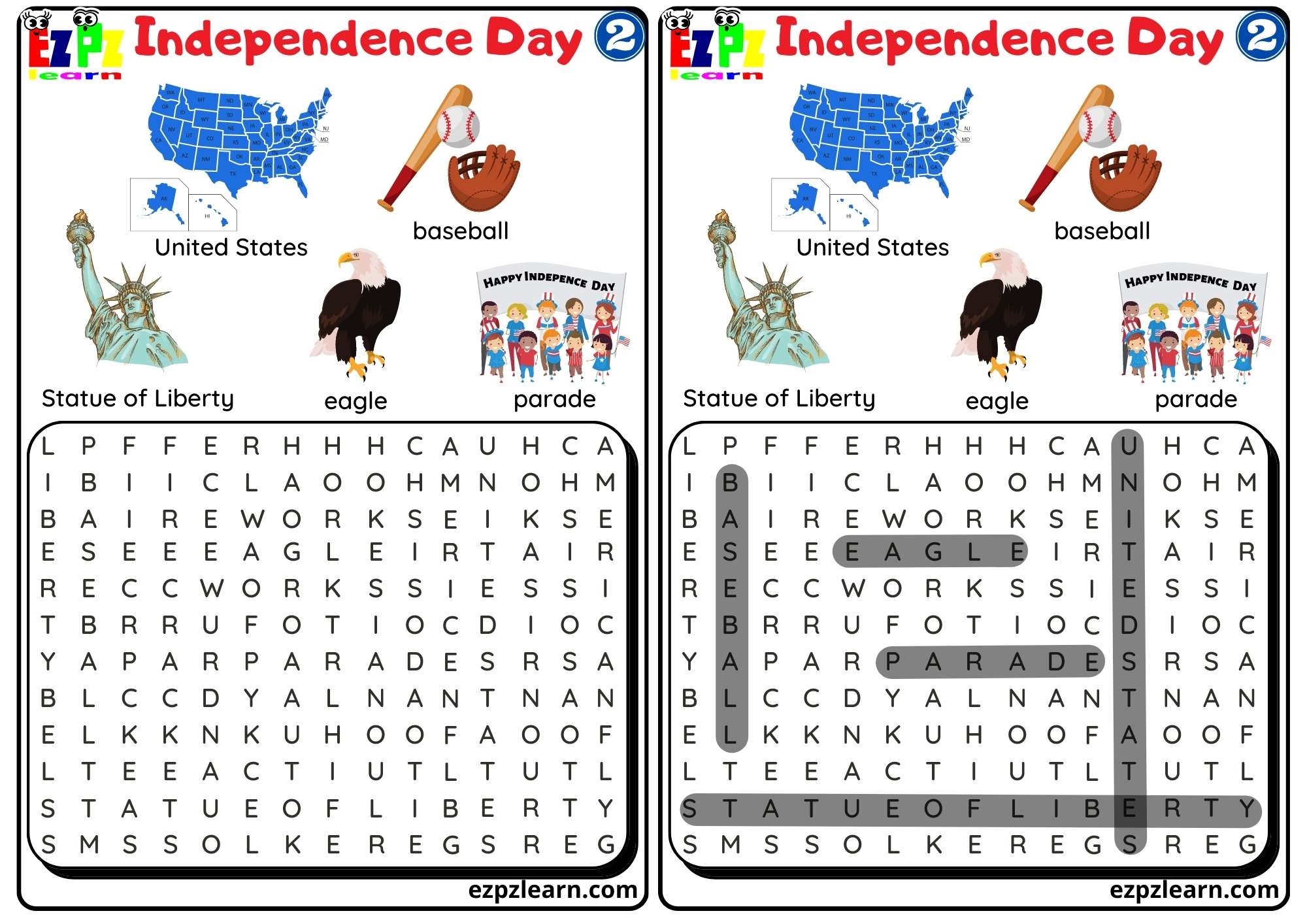 Word Search Worksheet for Independence Day Group 2 - Ezpzlearn.com