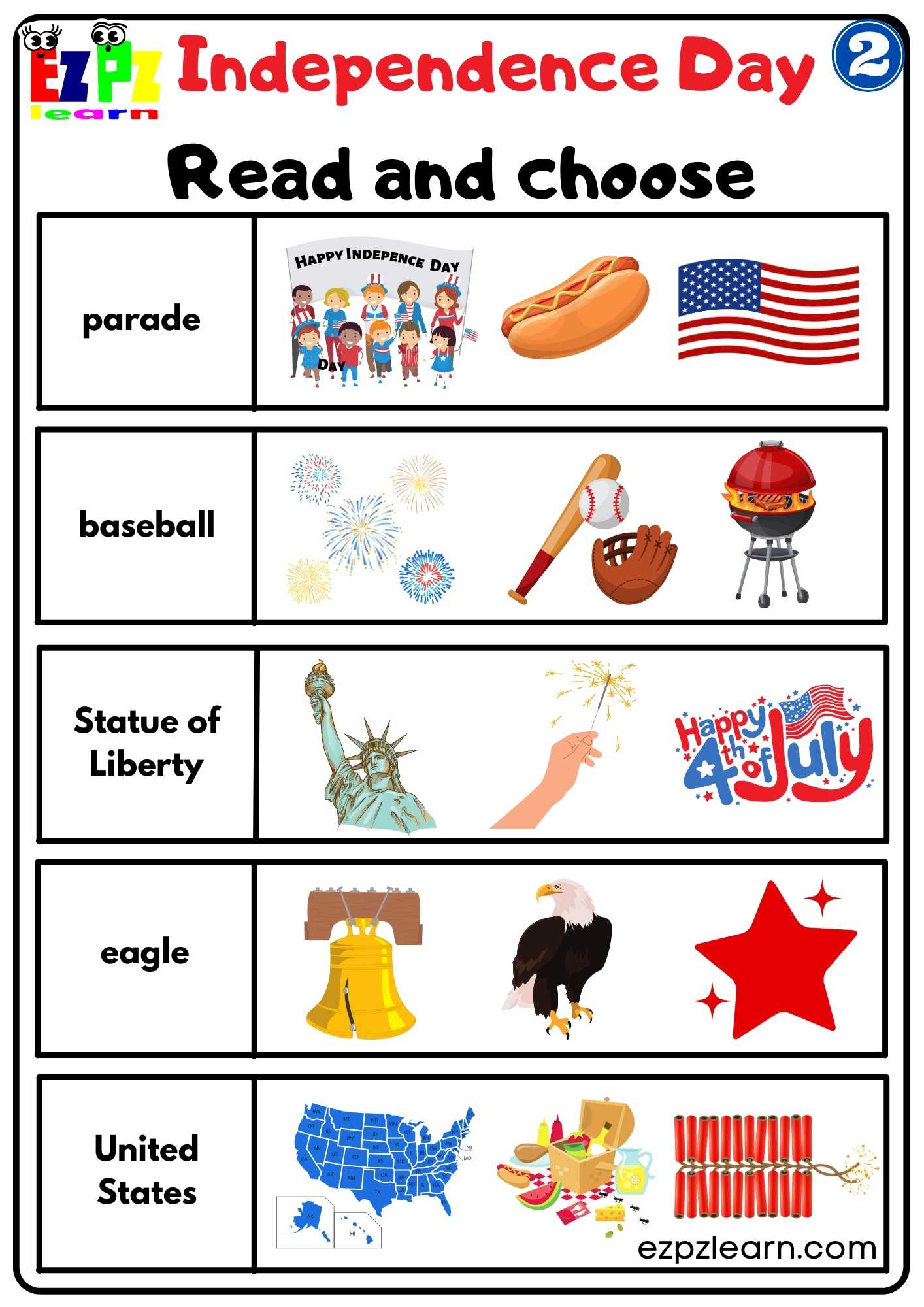 Read and Choose Worksheet for Independence Day Group 2 - Ezpzlearn.com