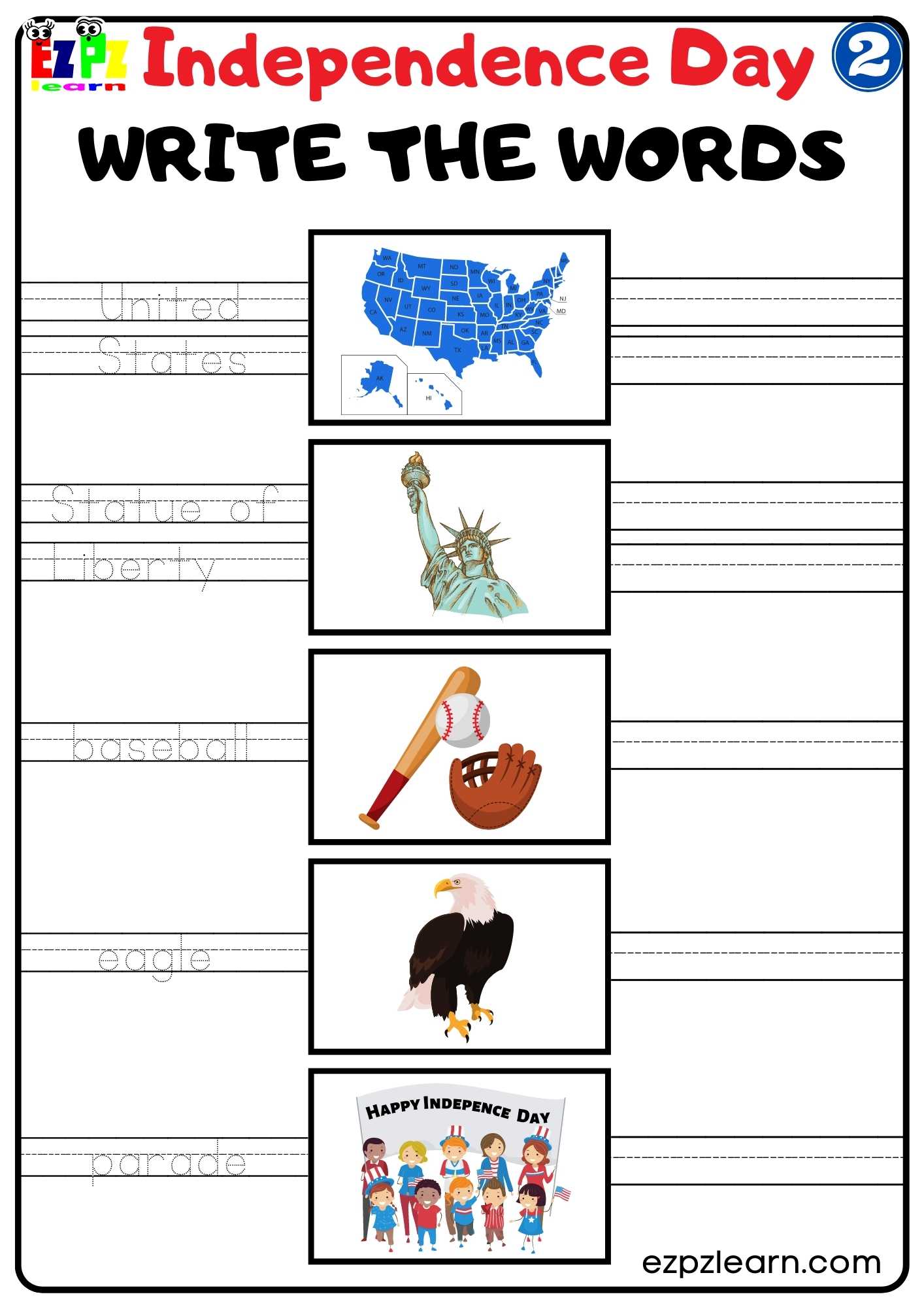 Write the Words Worksheet for Independence Day Group 2 - Ezpzlearn.com
