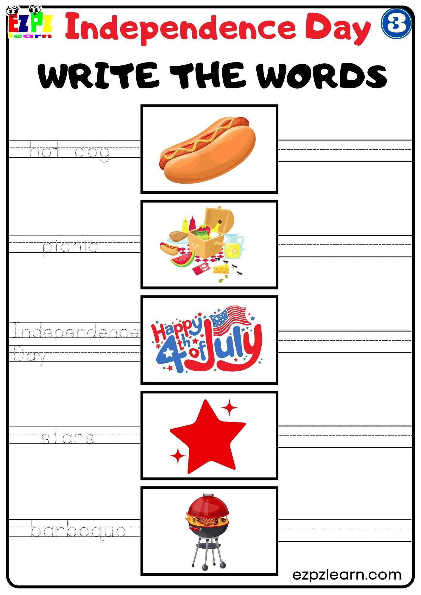 Write the Words Worksheet for Independence Day Group 3 - Ezpzlearn.com