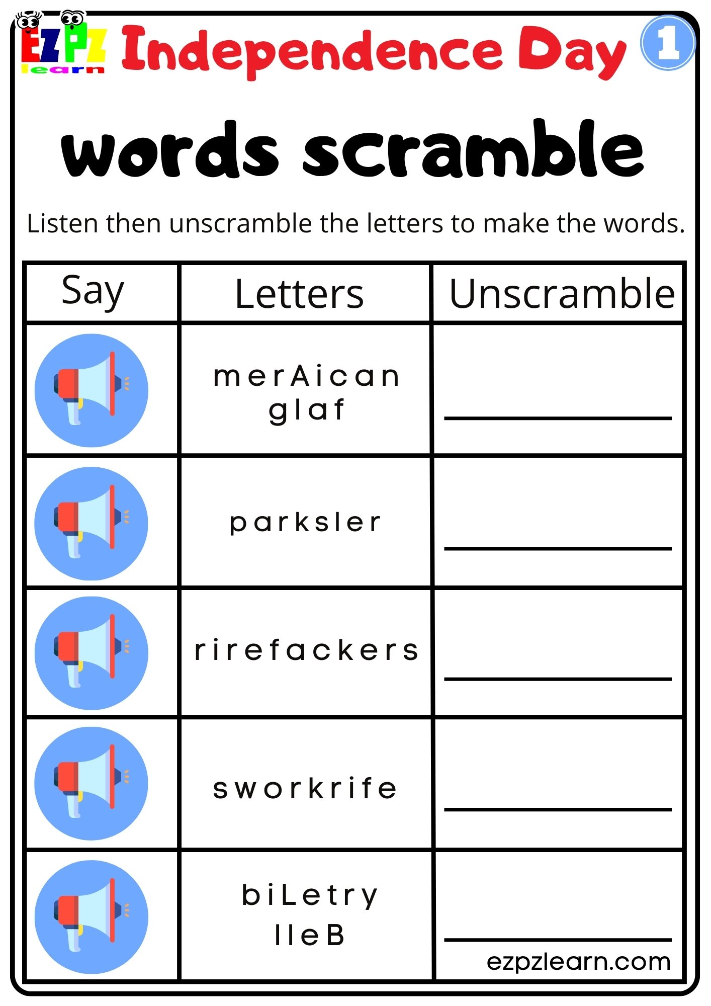 Independence Day Vocabulary Interactive Worksheet Listen, Unscramble ...
