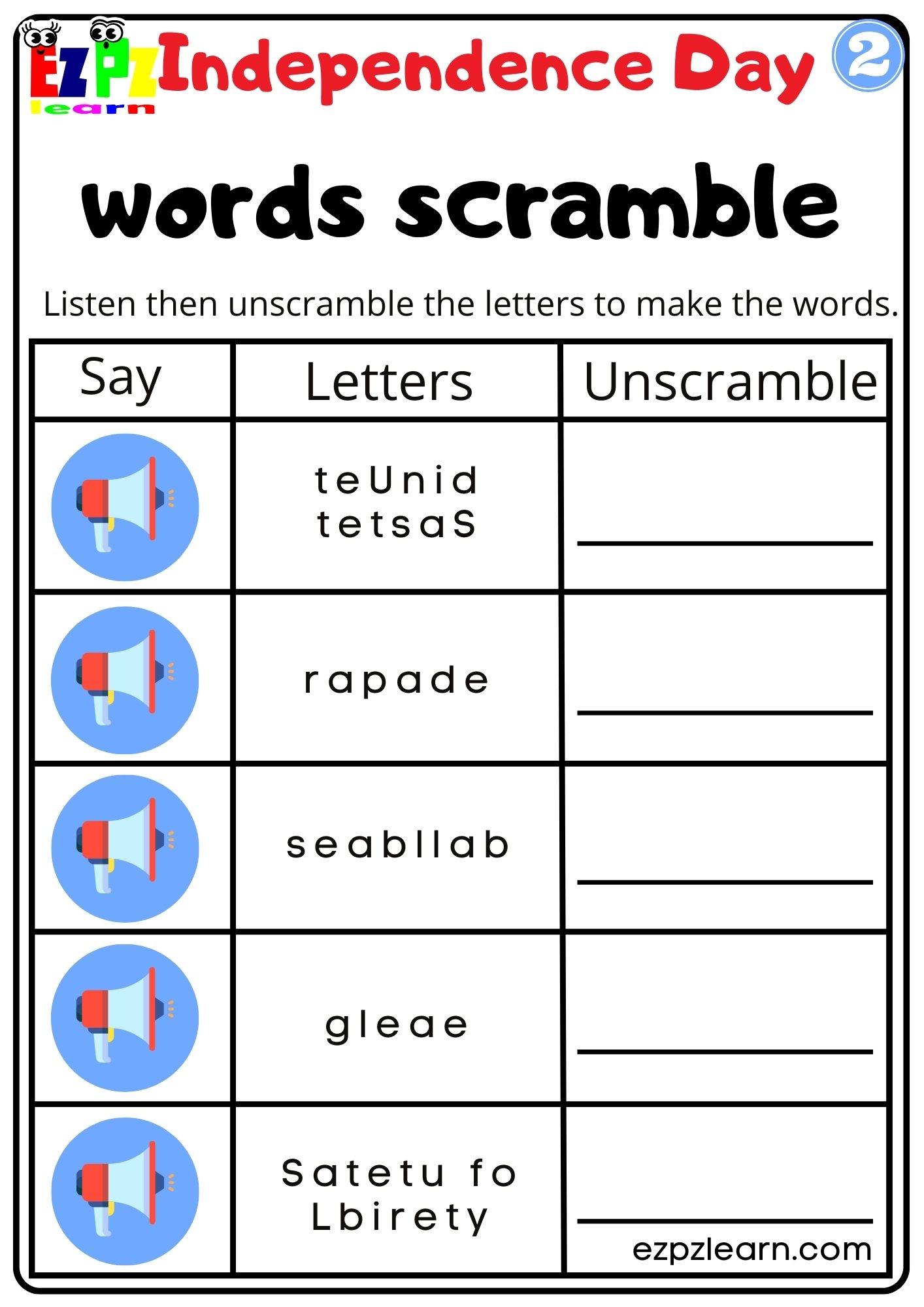 Independence Day Vocabulary Interactive Worksheet Listen, Unscramble ...