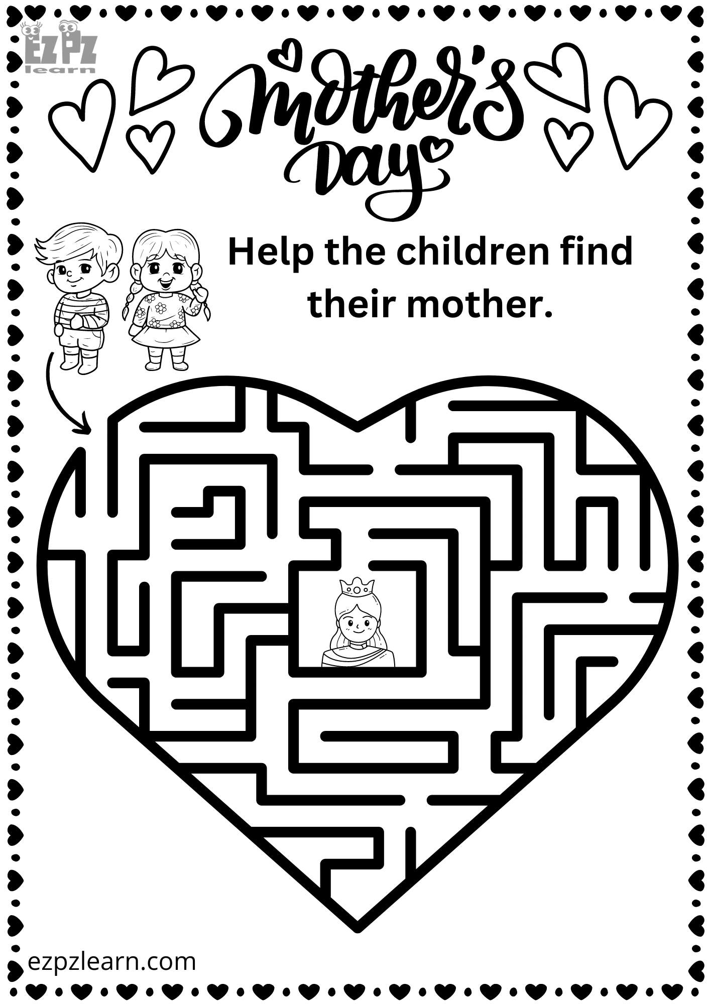 Mother's Day Heart Maze Free PDF Download - Ezpzlearn.com