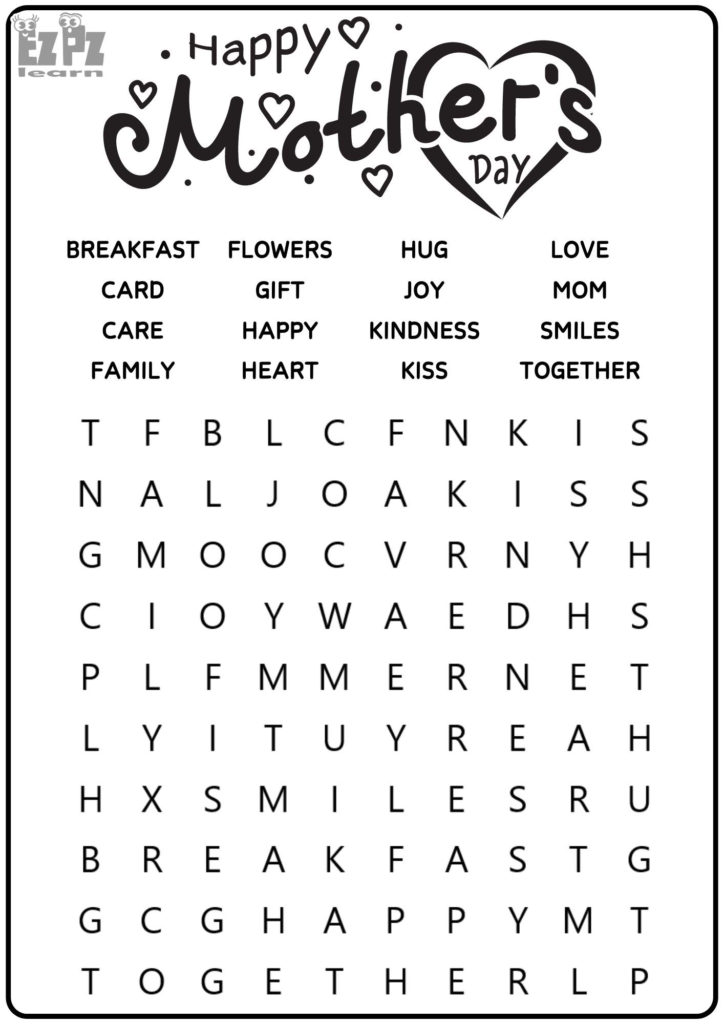 Mother's Day Word Search 16 Words PDF Download - Ezpzlearn.com