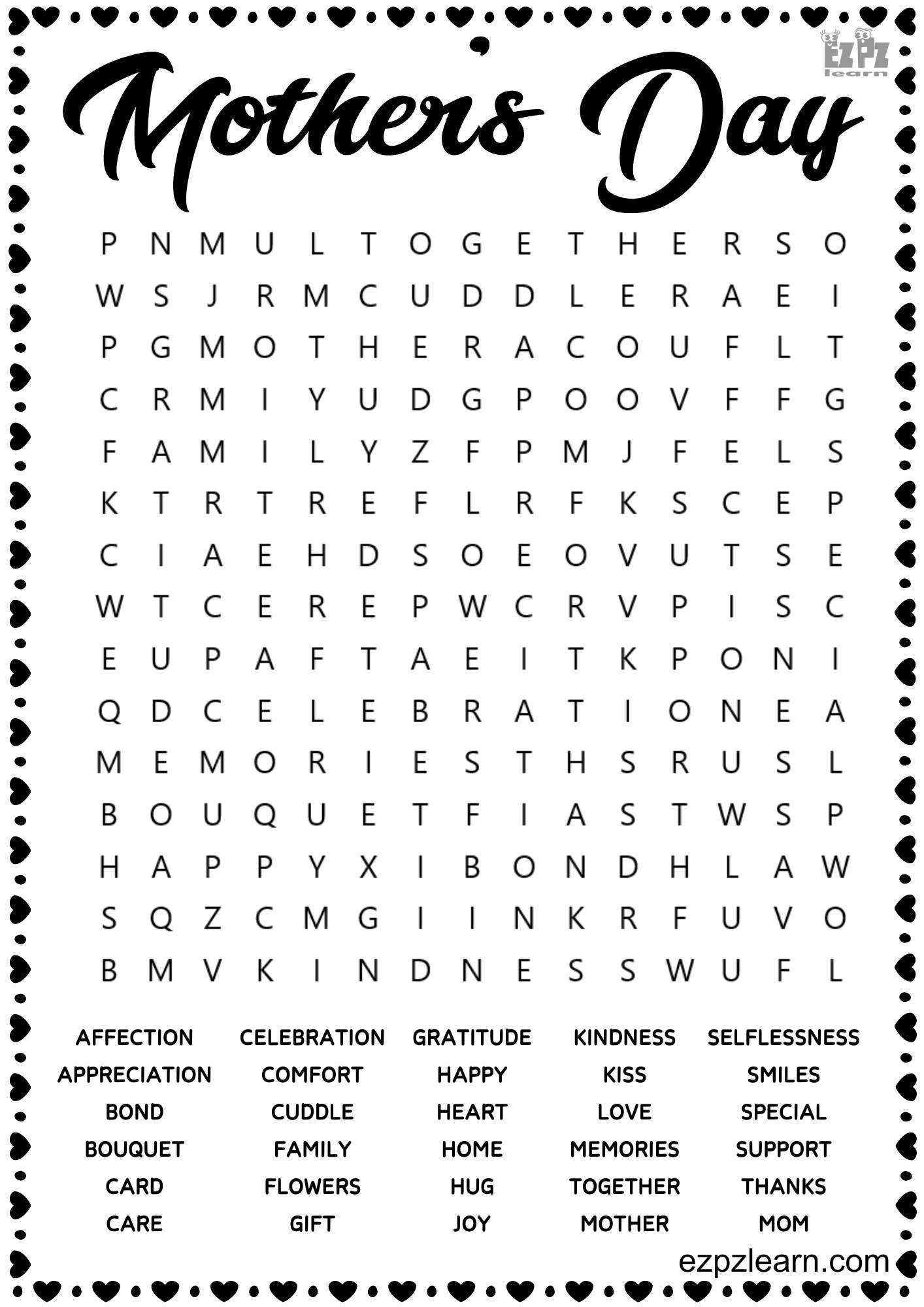 Mother's Day Word Search 30 Words PDF Download - Ezpzlearn.com
