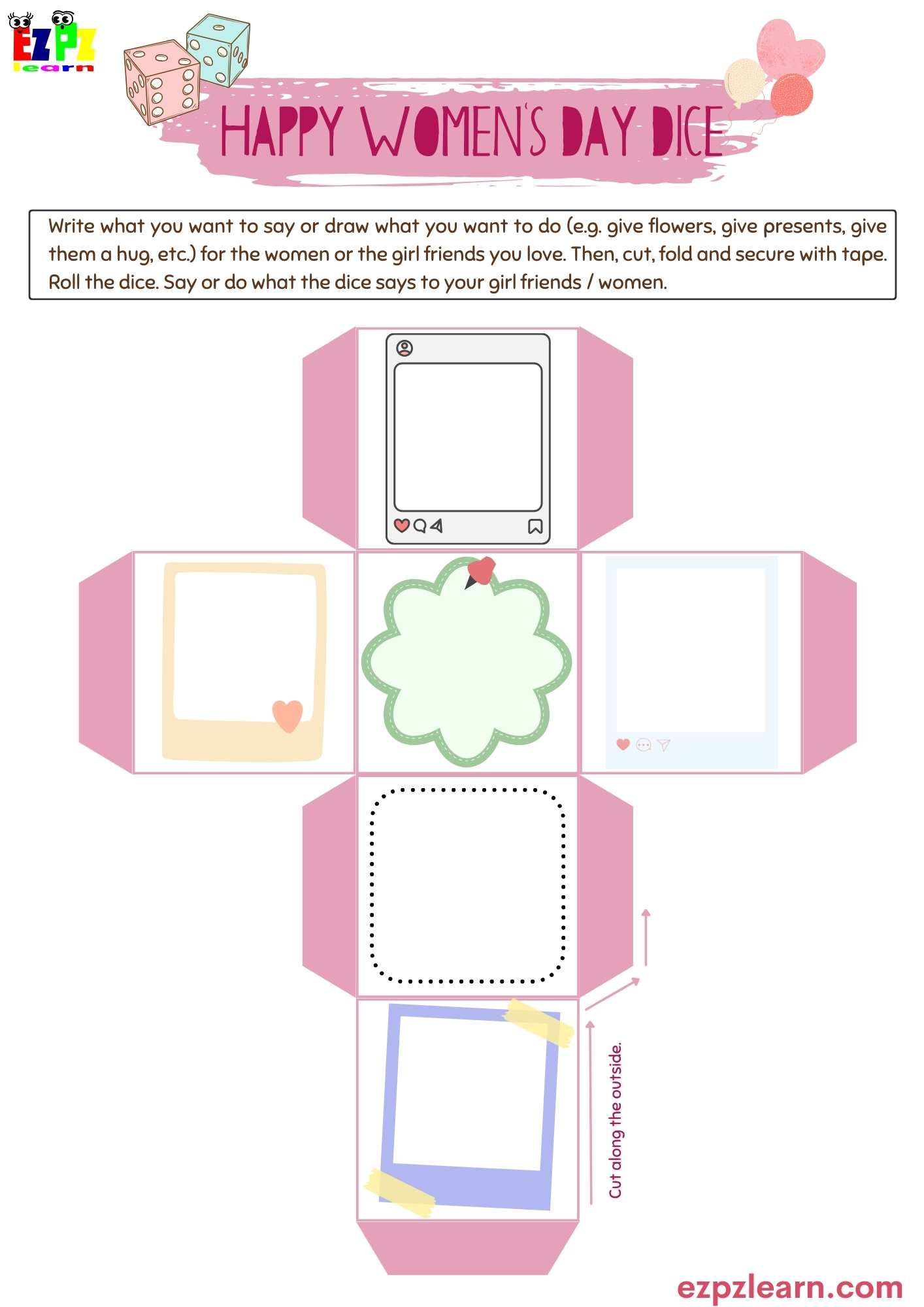 Happy Women's Day Dice Writing Activity - Ezpzlearn.com