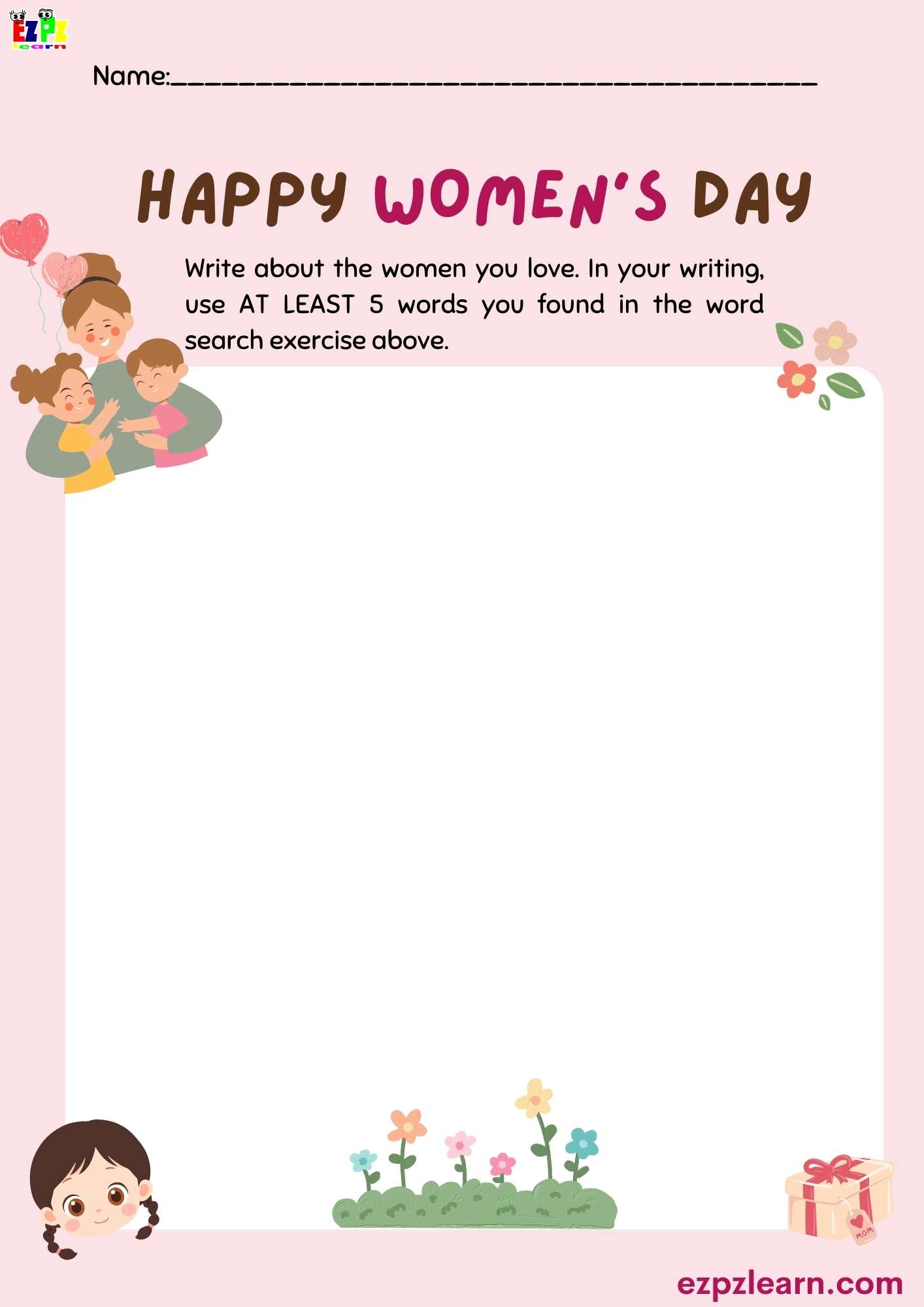 Happy Women's Day Writing Activity for Kids Free PDF - Ezpzlearn.com