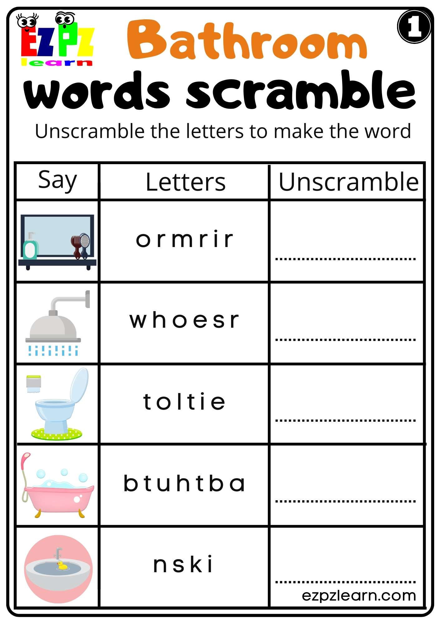 Bathroom Word Scramble Worksheet for Kids K5 and ESL Free PDF Download ...