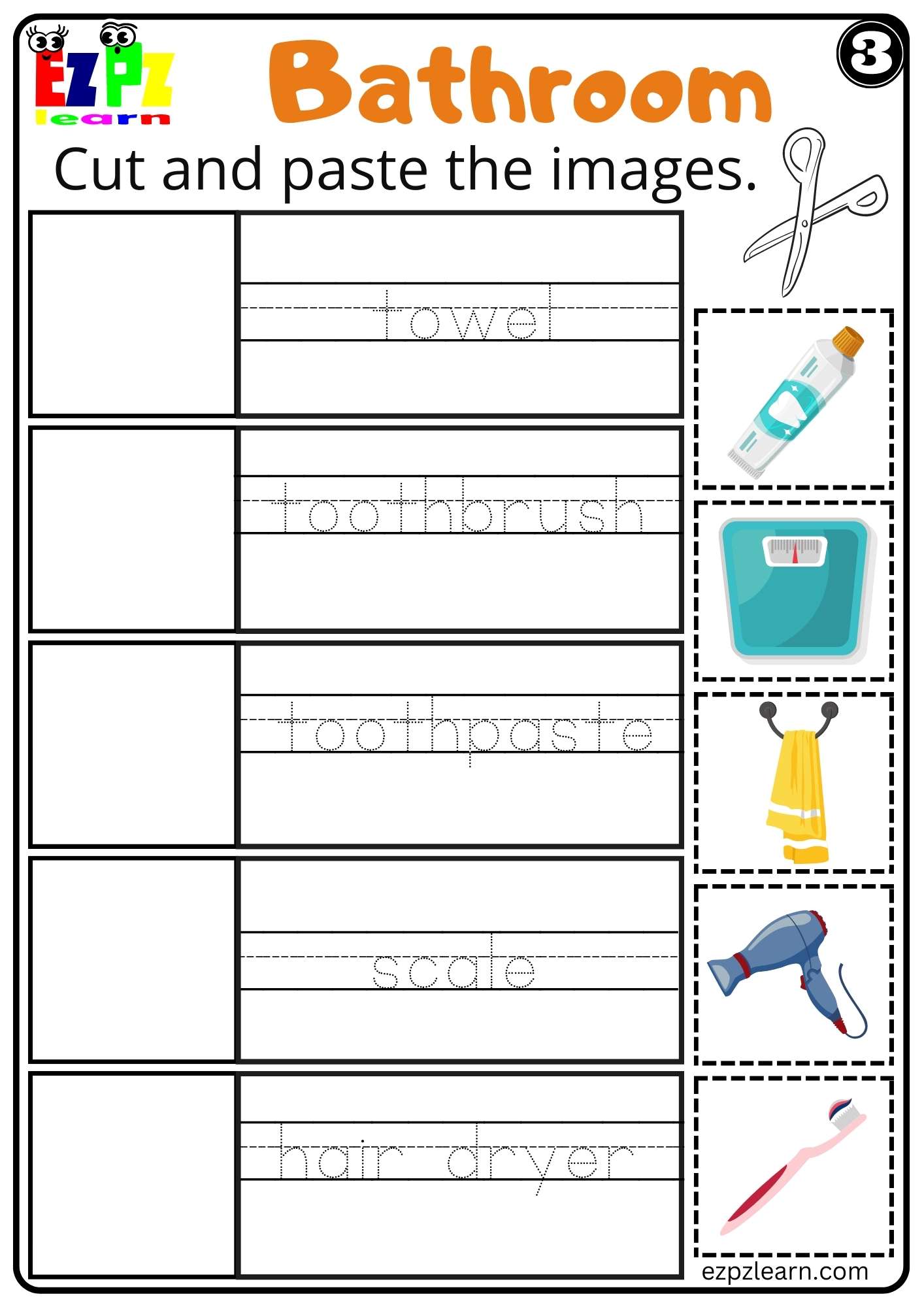 Bathroom Cut and Paste Worksheet Set 3 for ESL and Homeschool PDF ...