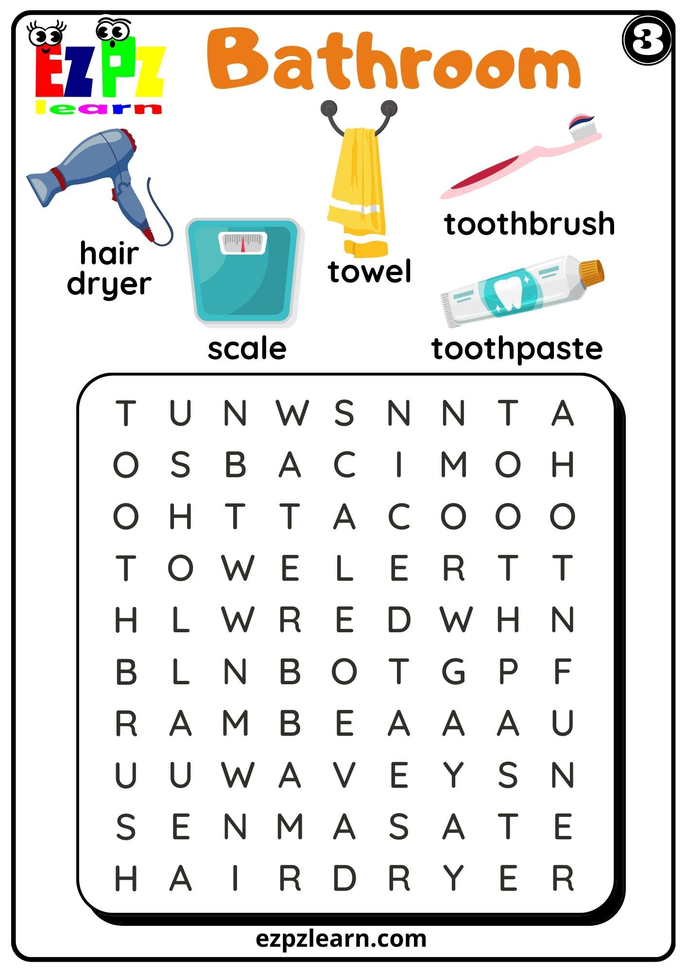 Bathroom Word Search Worksheet Set 3 for ESL and Homeschool PDF ...