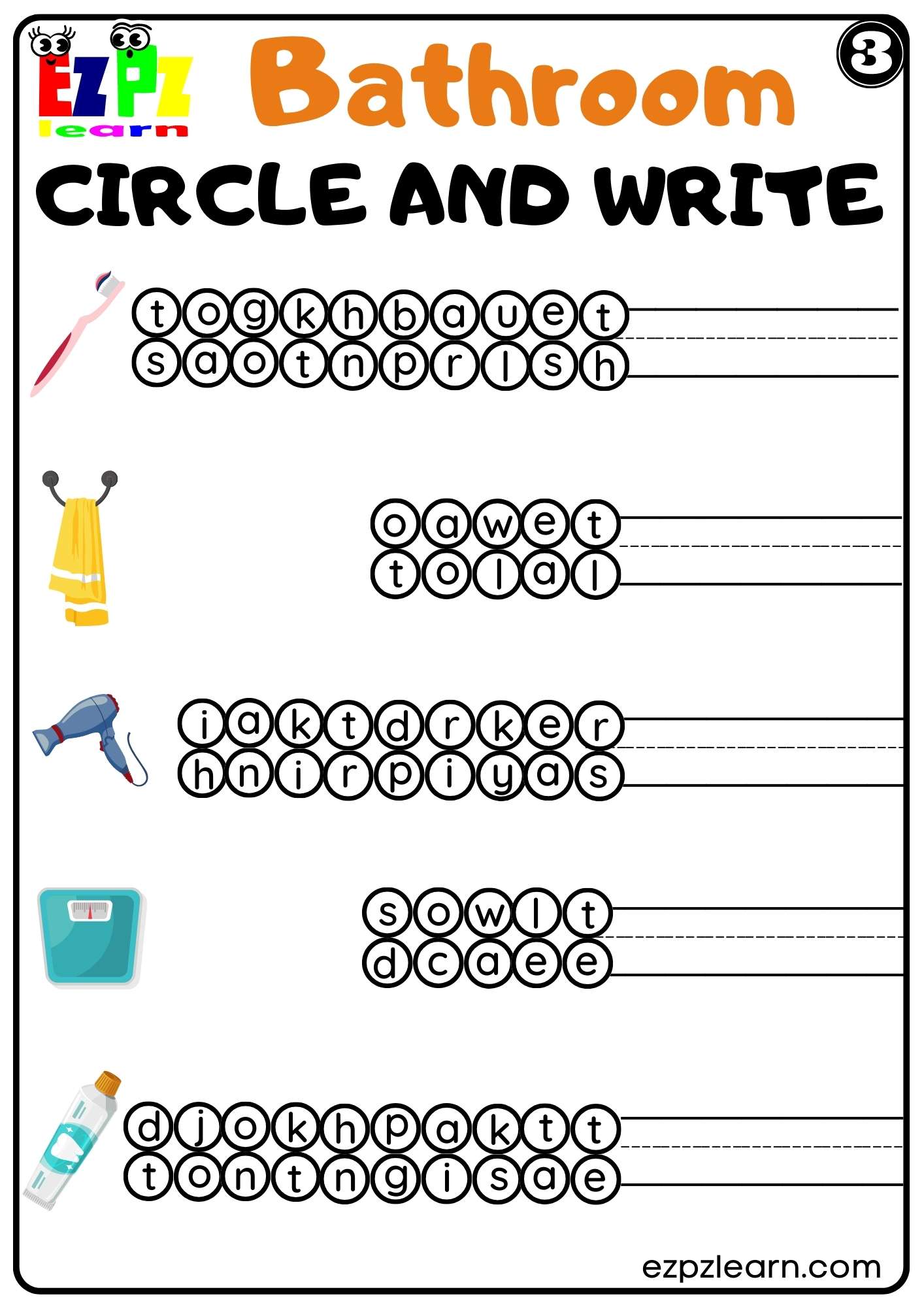 Bathroom Circle and Write Worksheet Set 3 for ESL and Homeschool PDF ...