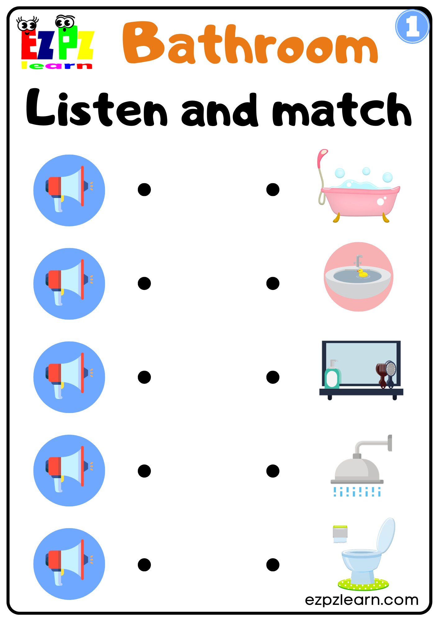 Bathroom Interactive Vocabulary Worksheet Listen and Match the Correct ...