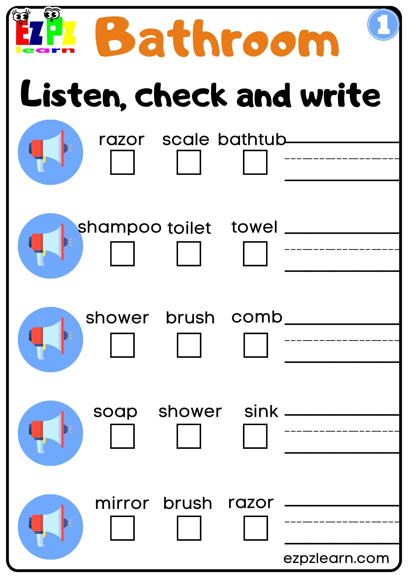 Bathroom Interactive Vocabulary Worksheet Listen, Check and Write the ...