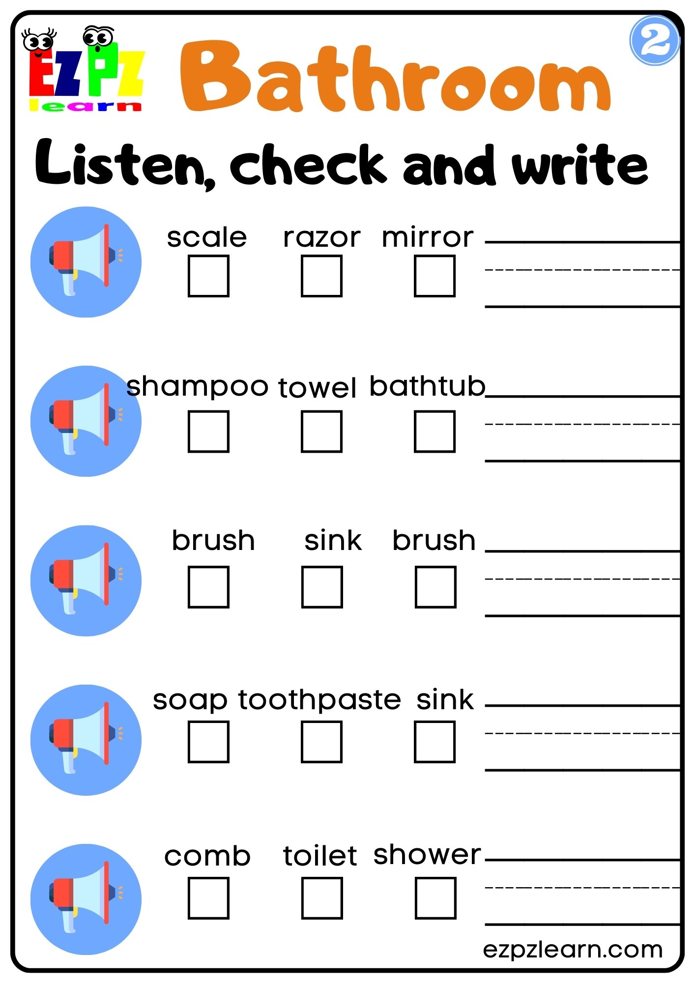 Bathroom Interactive Vocabulary Worksheet Listen, Check and Write the ...