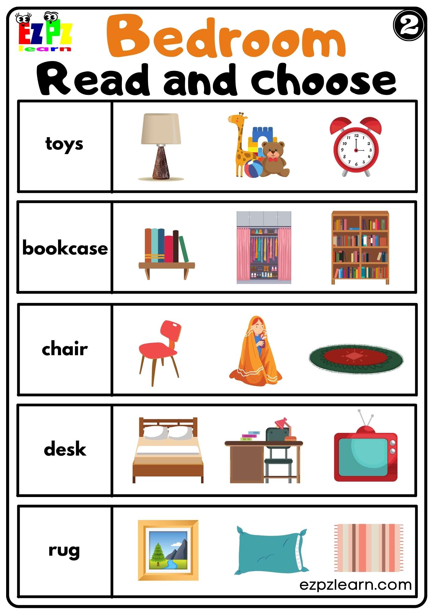 Set 2 Bedroom Read and Choose Worksheet for ESL Students and Homeschool ...