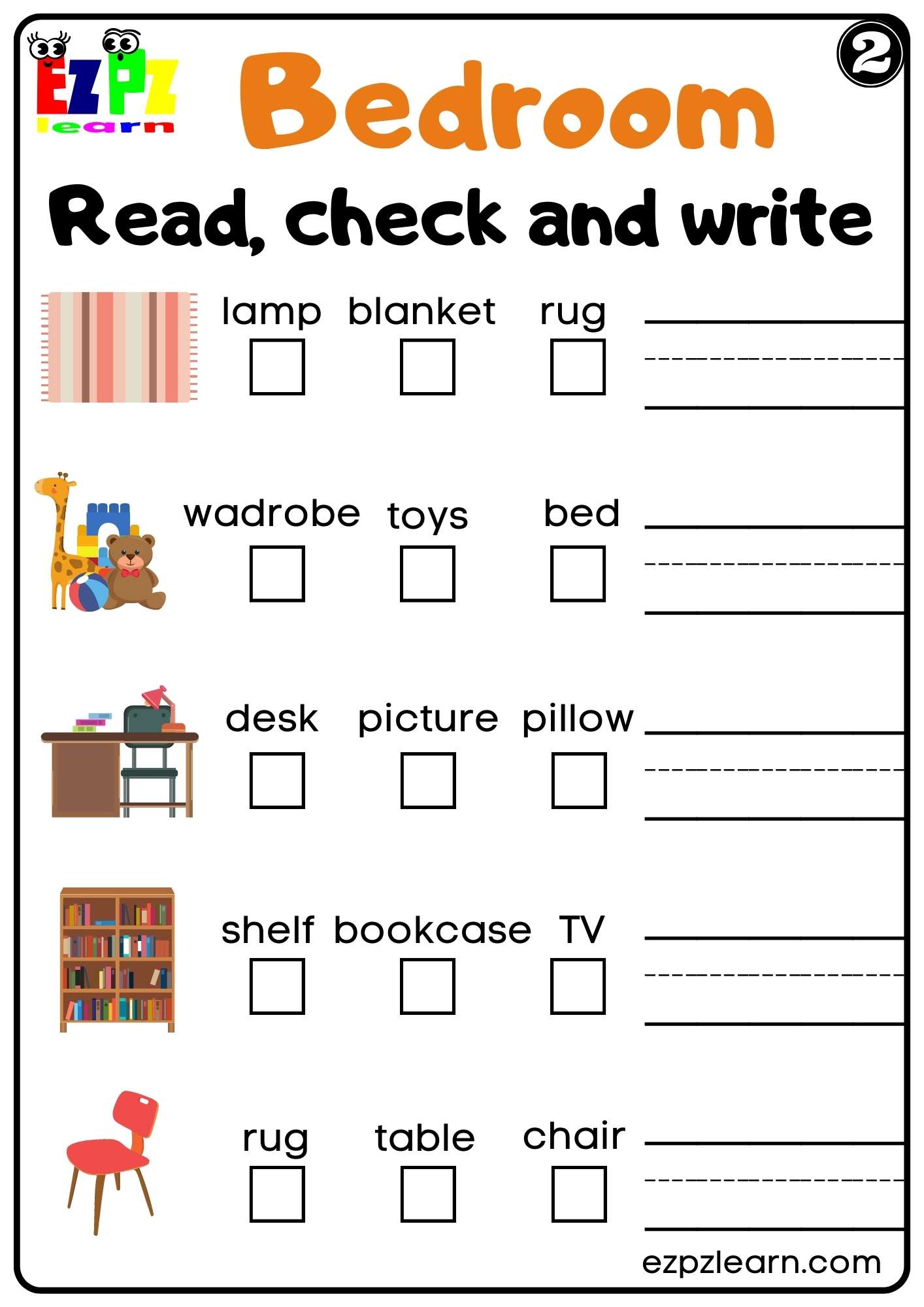 Set 2 Bedroom Read Check and Write Worksheet for ESL Students and ...