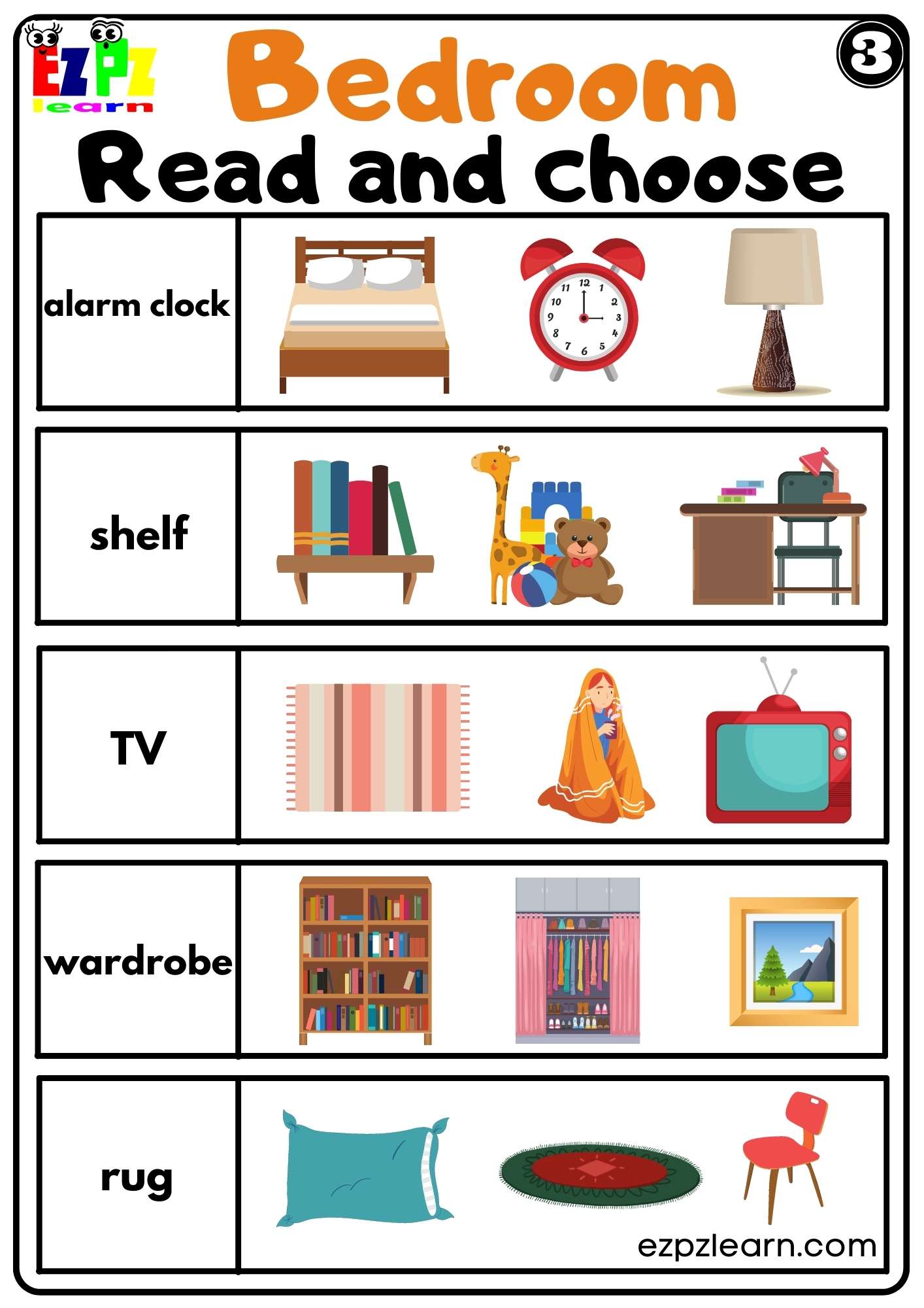 Bedroom Read and Choose Worksheet for ESL and K5 PDF Download Set 3 ...