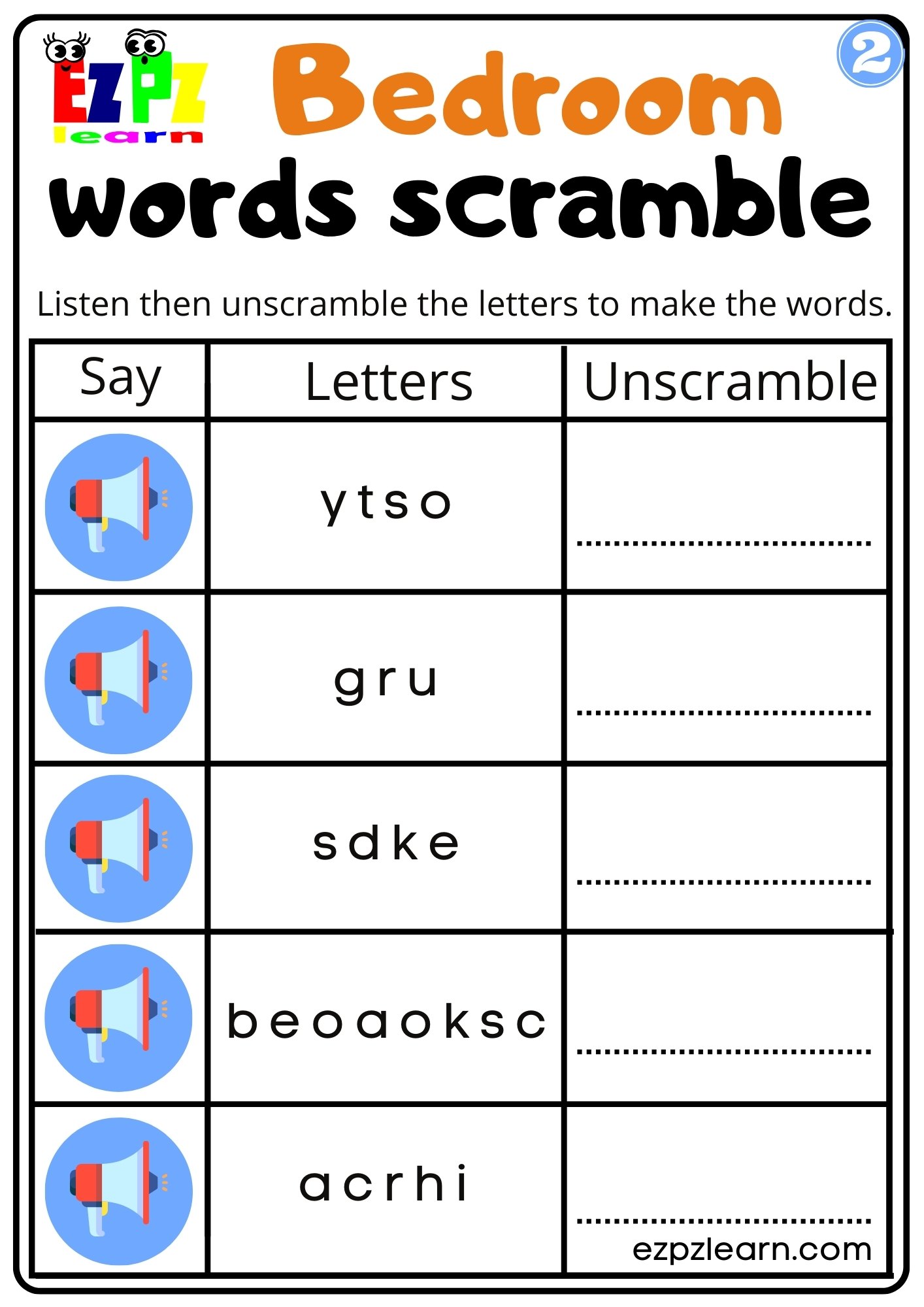 Bedroom Interactive Vocabulary Worksheet Listen, Unscramble and Write ...