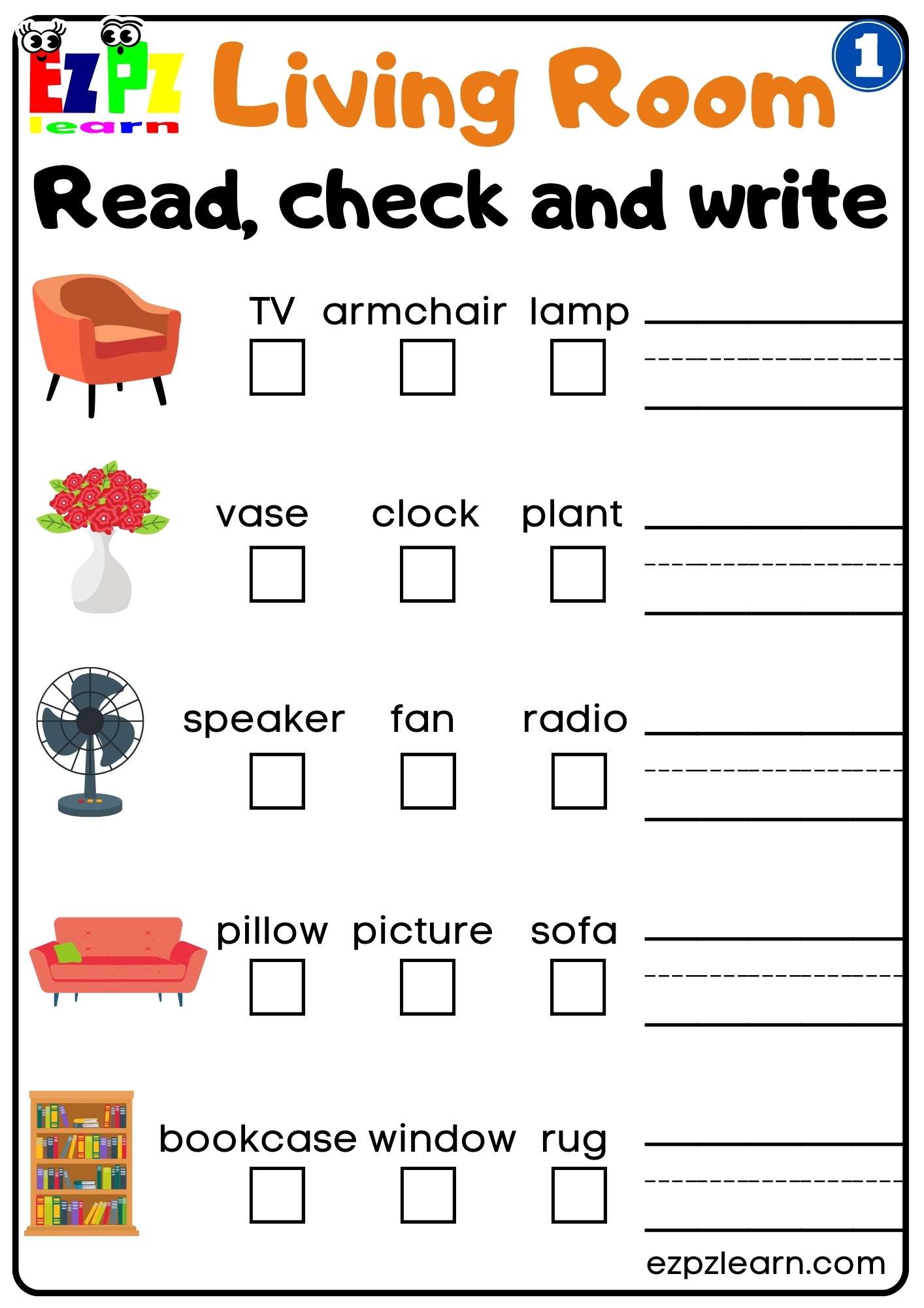 G1 Living Room Read Check and Write Worksheet for Parents and Teachers ...
